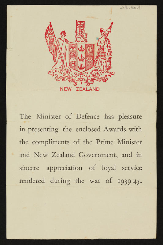 Certificate: From the Minister of Defence accompanying medals awarded ...