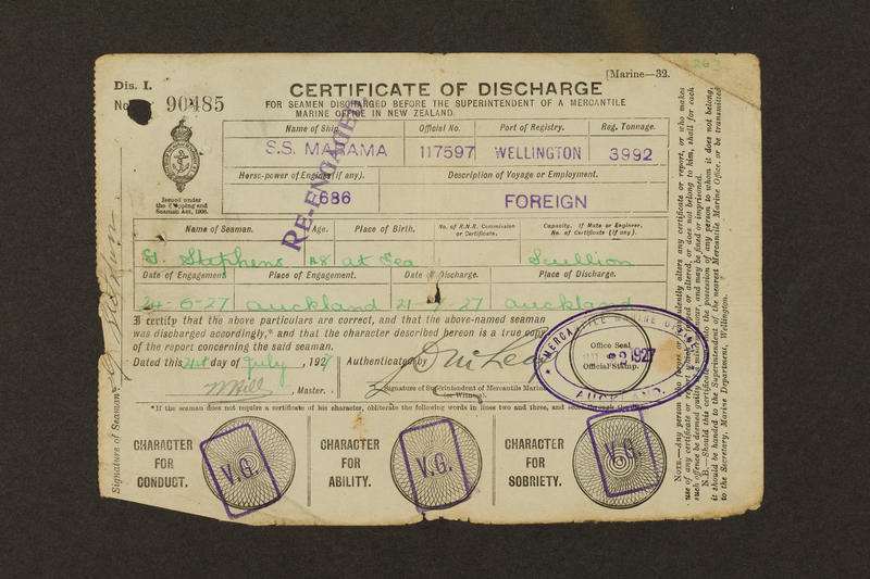 Certificate of Discharge: George Stephens, SS MARAMA, 24 Jun 1927-21 ...