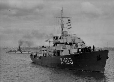 Photograph: HMNZS ARBUTUS, showing vehicle ferry EAGLEHAWK in the ...