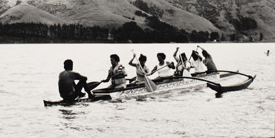 Photograph: Crew from Pawarenga with paddles in waka ama, Whangape ...