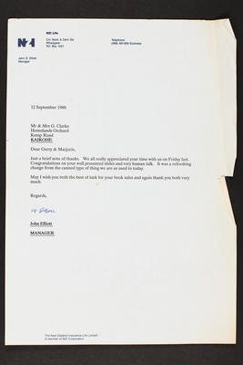 Letter: From John Elliott to Gerry Clark - New Zealand Maritime Museum