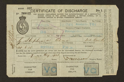 Certificate of Discharge: George Stephens, PARINGA, 28 Jun 1918-7 Aug ...
