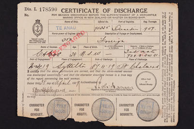 Certificate of Discharge: TE ANAU for Eric Aden Cox, 27 Apr 1919 - New ...