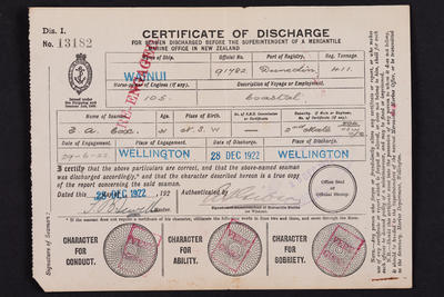 Certificate of Discharge: WAINUI for Eric Aden Cox, 28 Dec 1922 - New ...