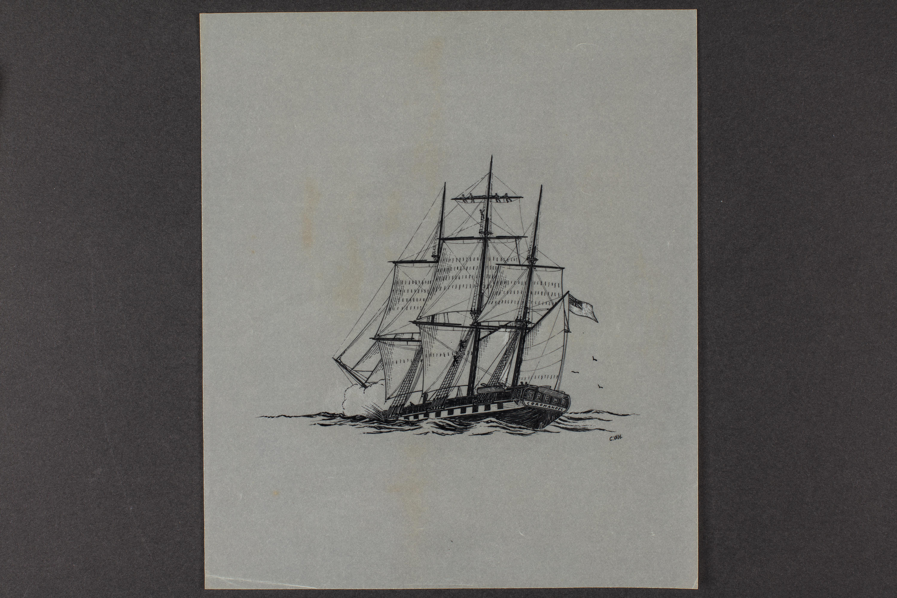 Artwork: Three-masted ship COROMANDEL (1834) - New Zealand Maritime Museum
