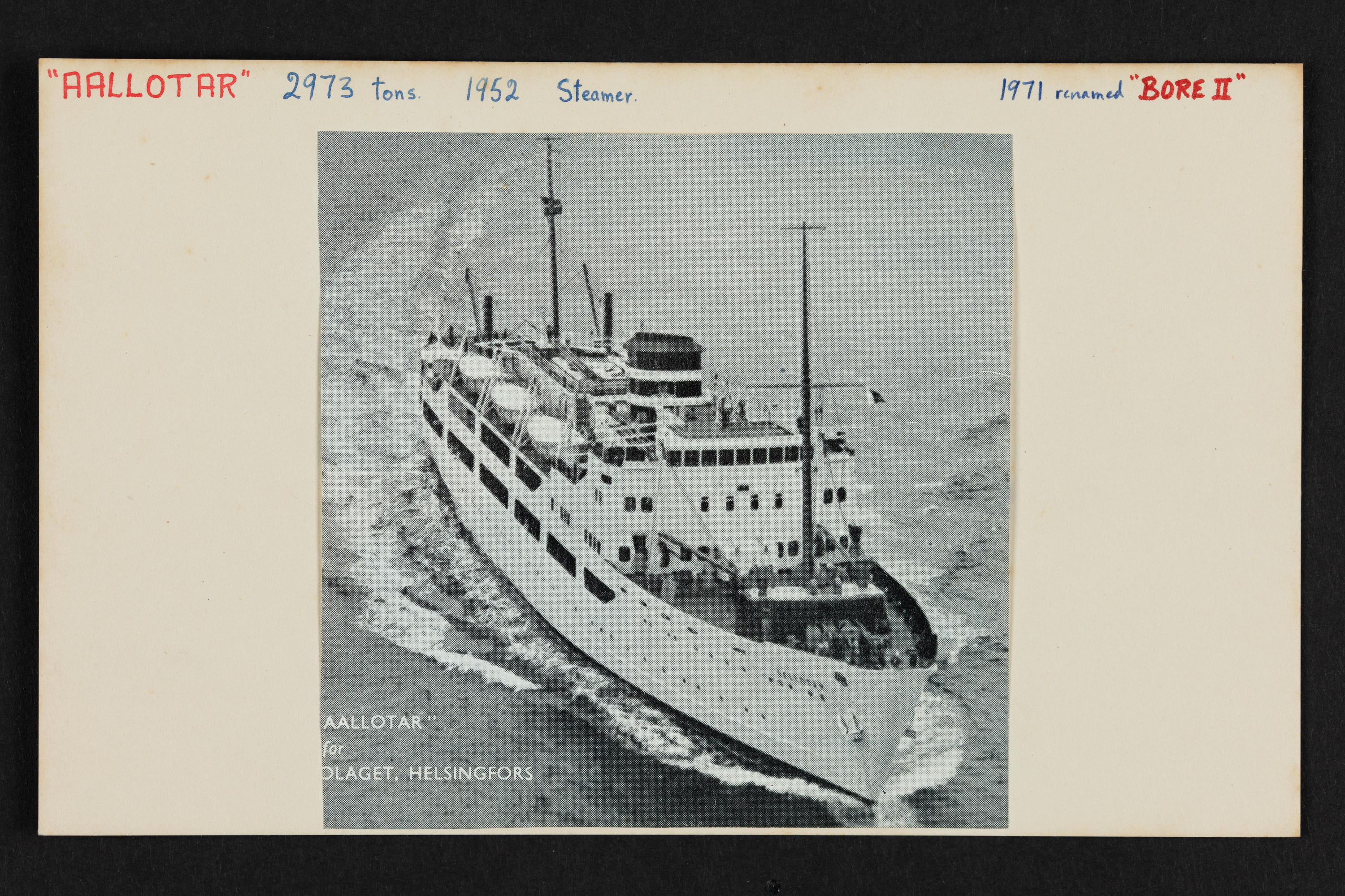 Index card: ALLOTAR (1952) - New Zealand Maritime Museum