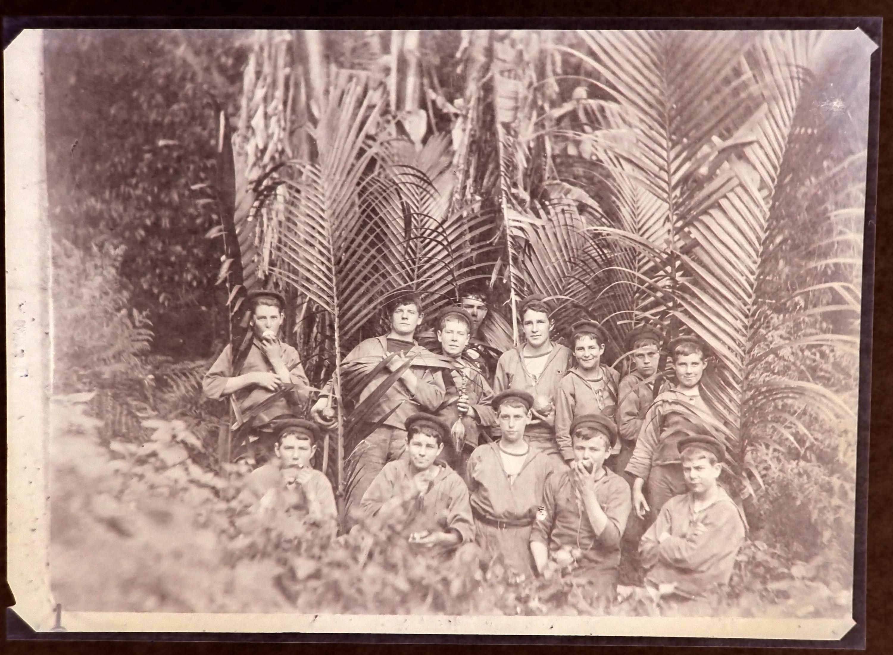 Medium format film negative: Group of AMOKURA (1889) crew at Sunday ...
