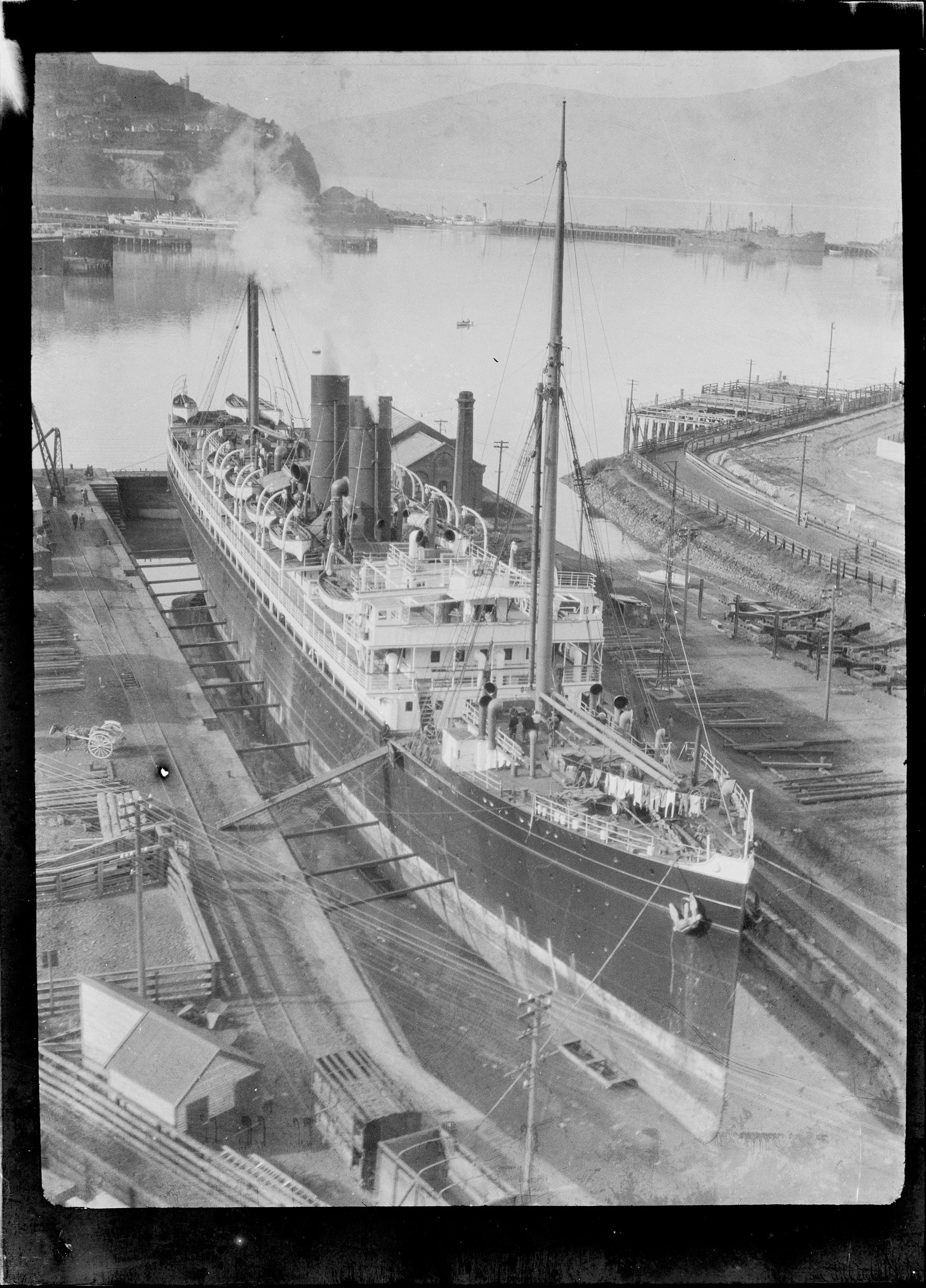 Medium format film negative: SS WAIKOUAITI (1914) in dry dock at ...