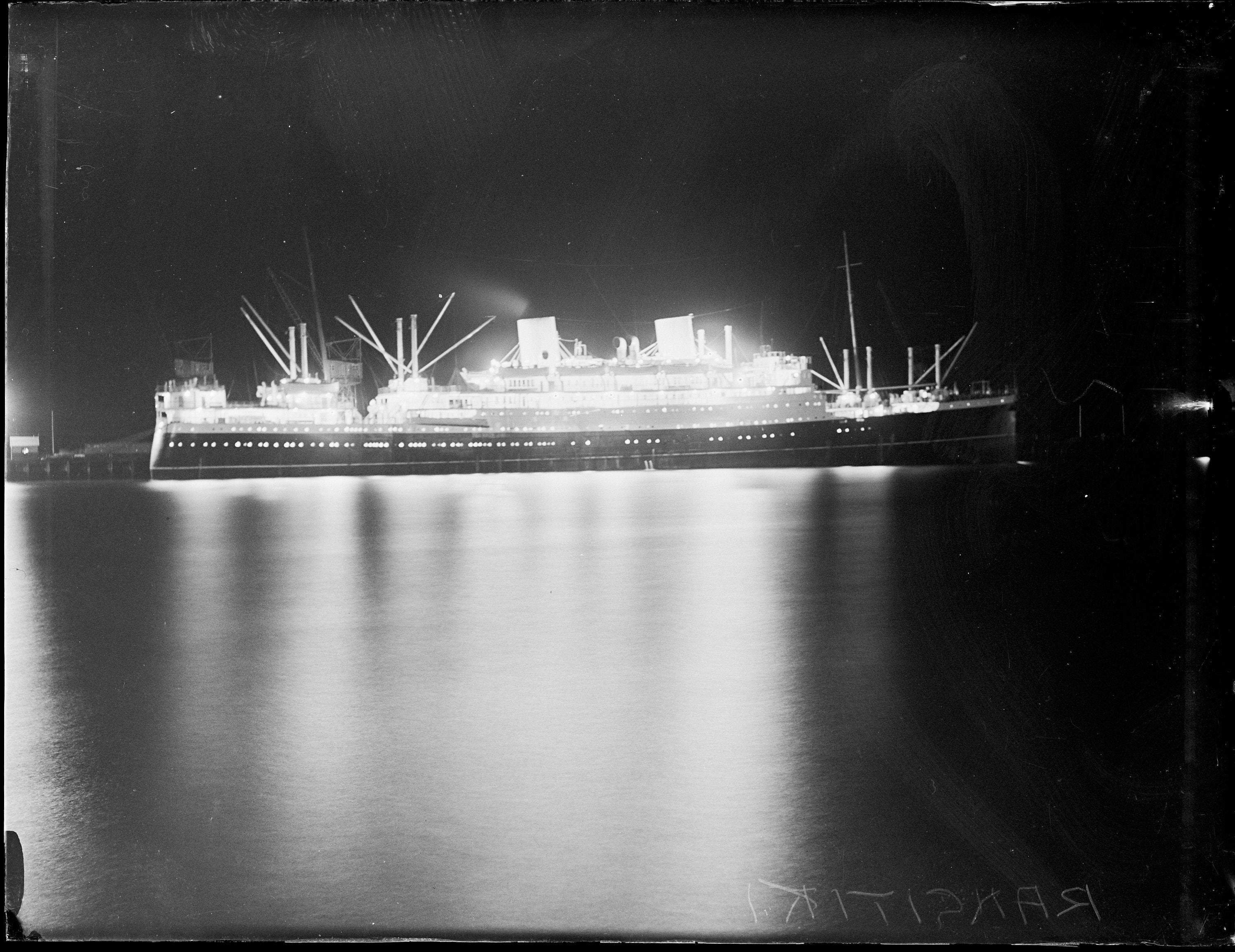 Glass plate: RANGITIKI (1929) cargo ship berthed at night - New Zealand ...