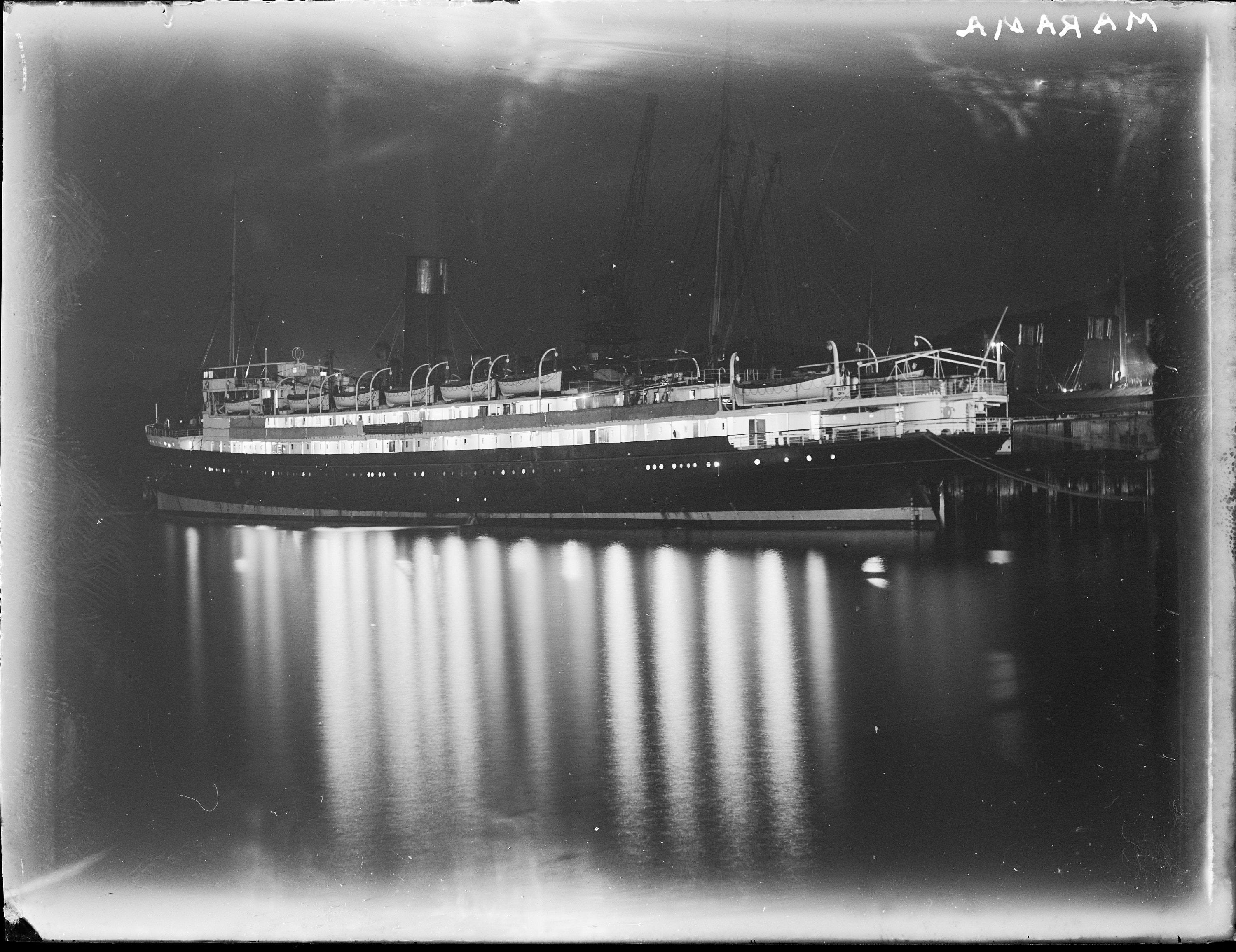 Glass plate: MARAMA (1907) cargo ship berthed at night - New Zealand ...