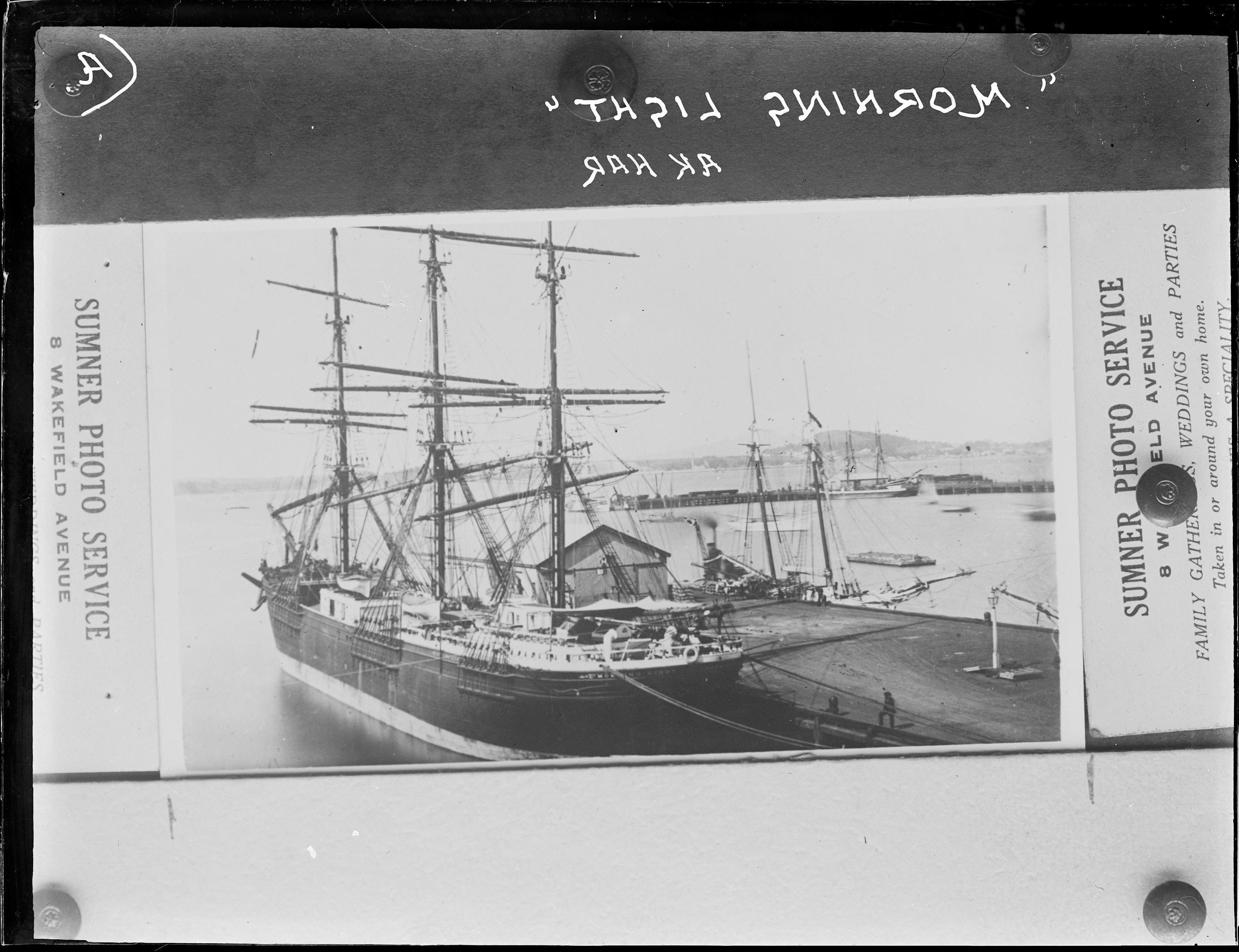 Glass plate: Barque MORNING LIGHT (1890) on a wharf, Waitematā Harbour ...