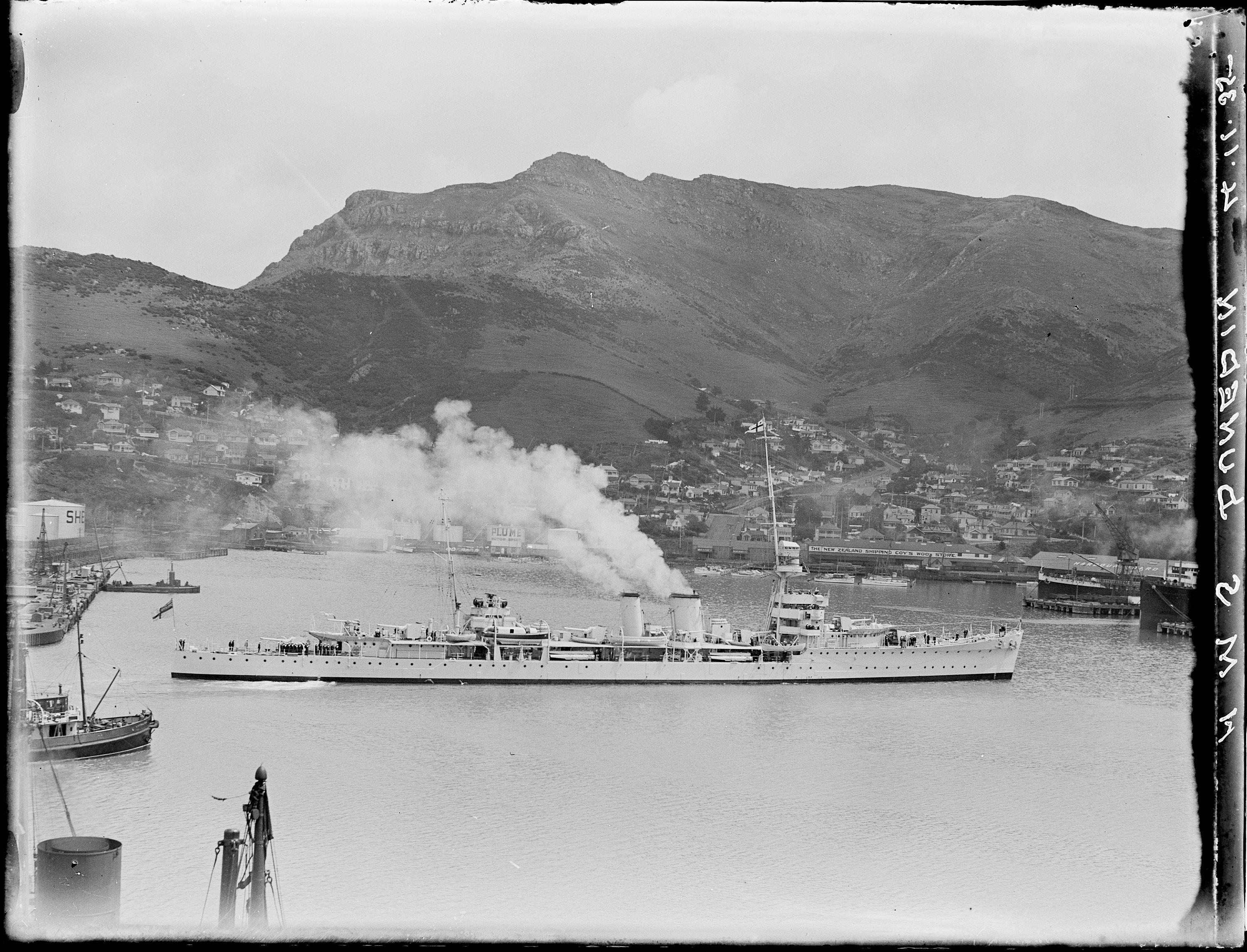 Glass plate: HMS DUNEDIN (1919) on Lyttelton Harbour, 4 Nov 1935 - New ...