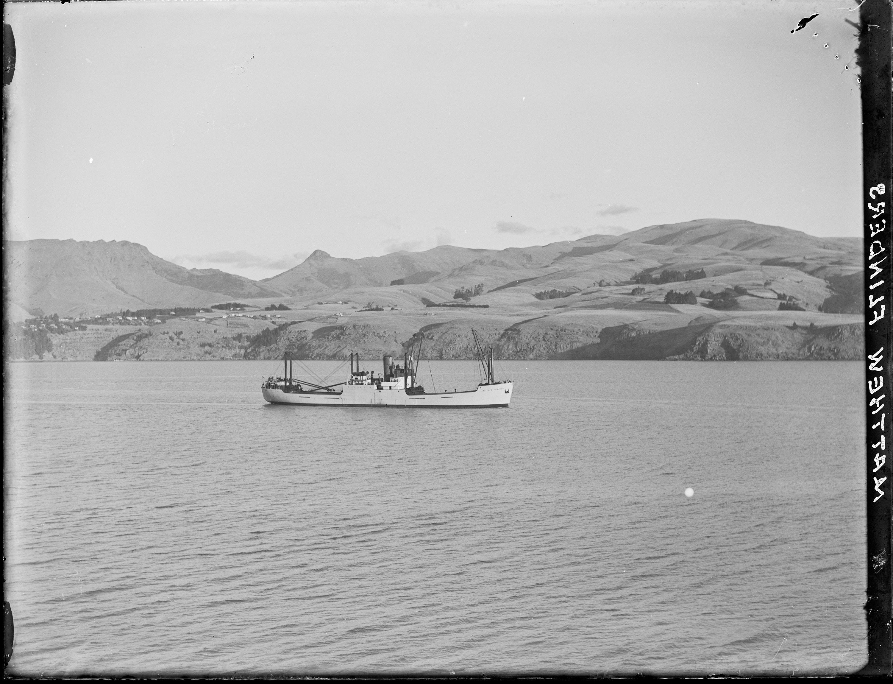 Glass plate: Cargo ship MATTHEW FLINDERS (1938) on Lyttelton Harbour ...