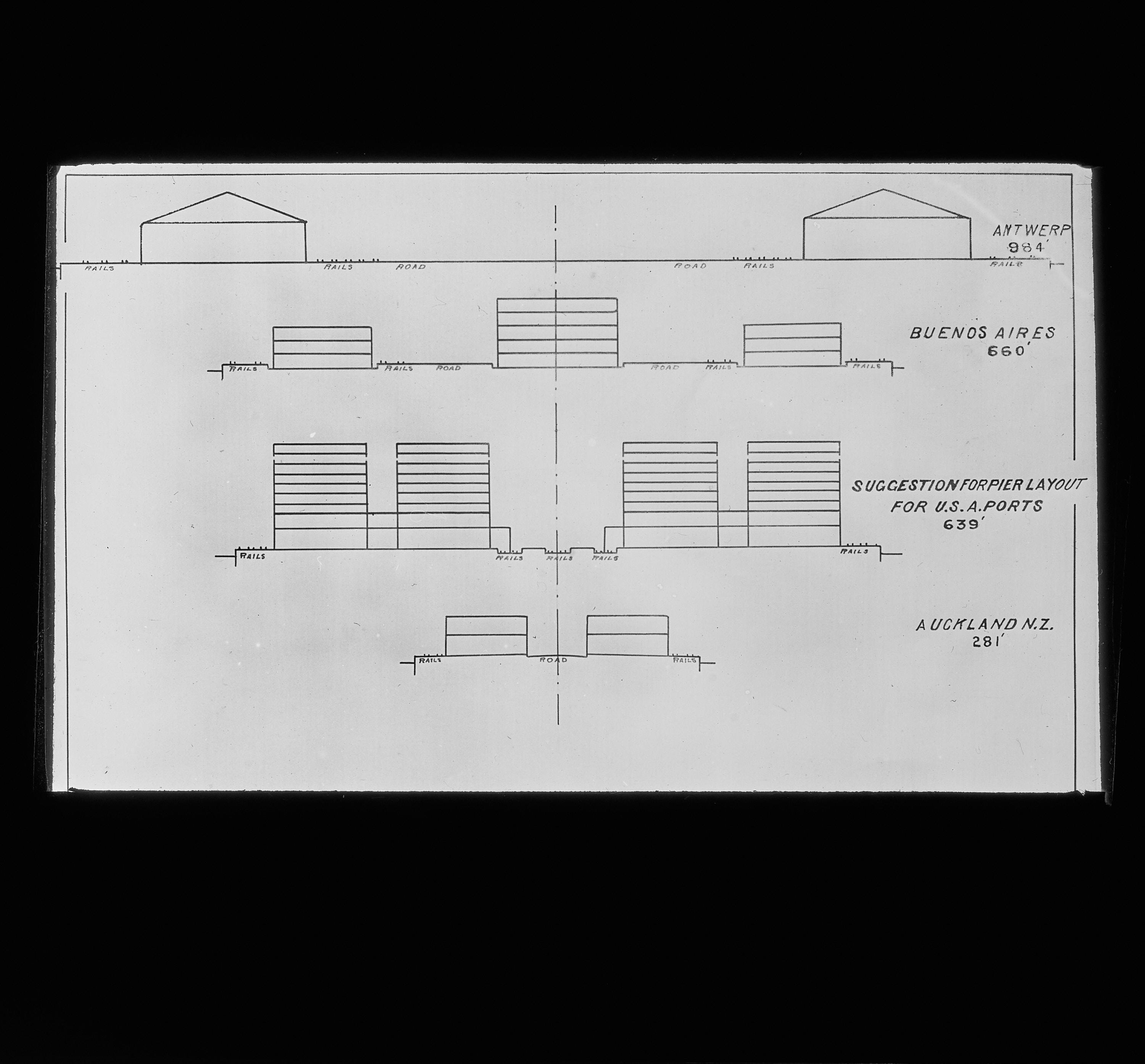 Lantern slide: Cross-section drawings of wharves from across the world ...