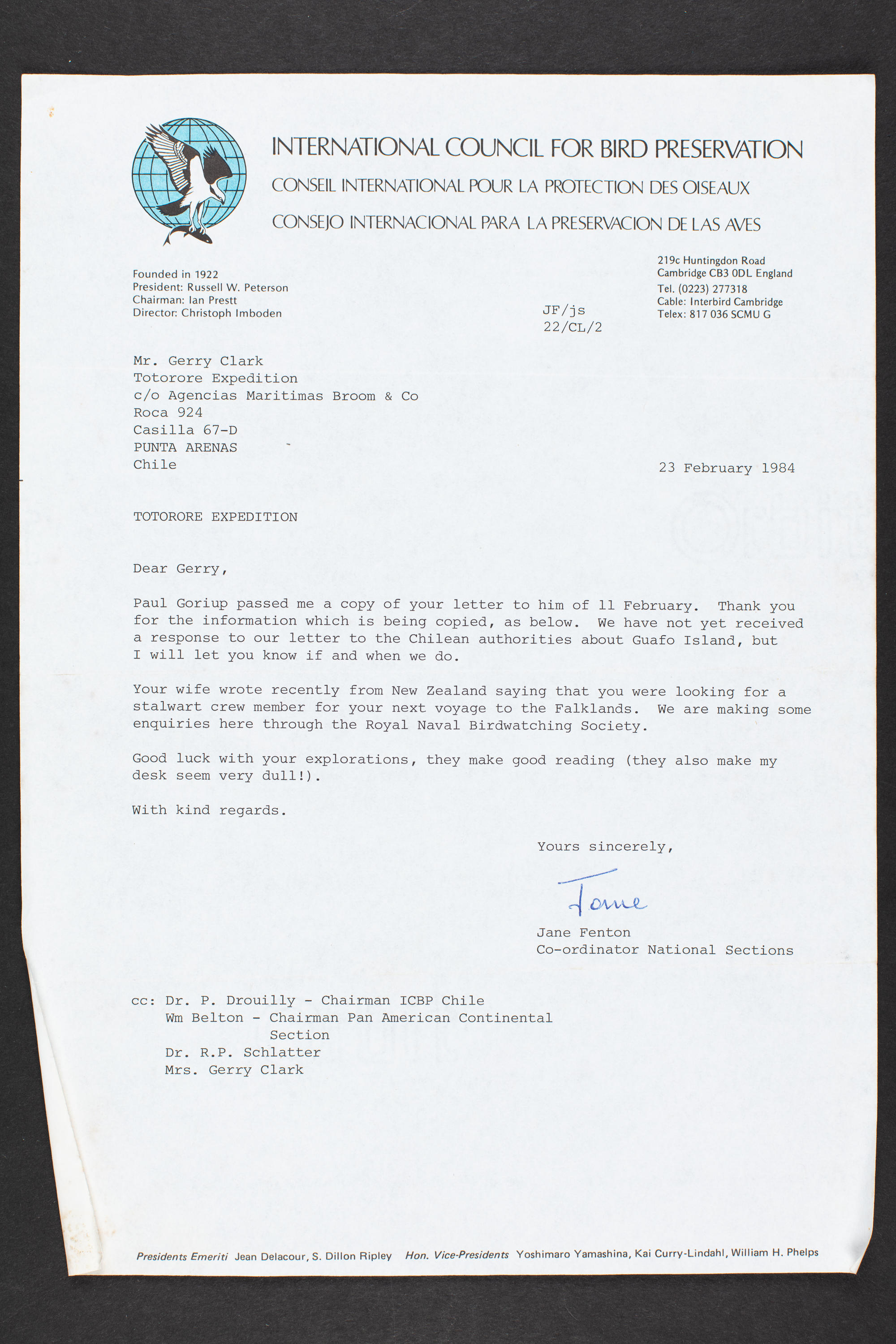 Letter: From Jane Fenton, Co-ordinator National Sections, International ...