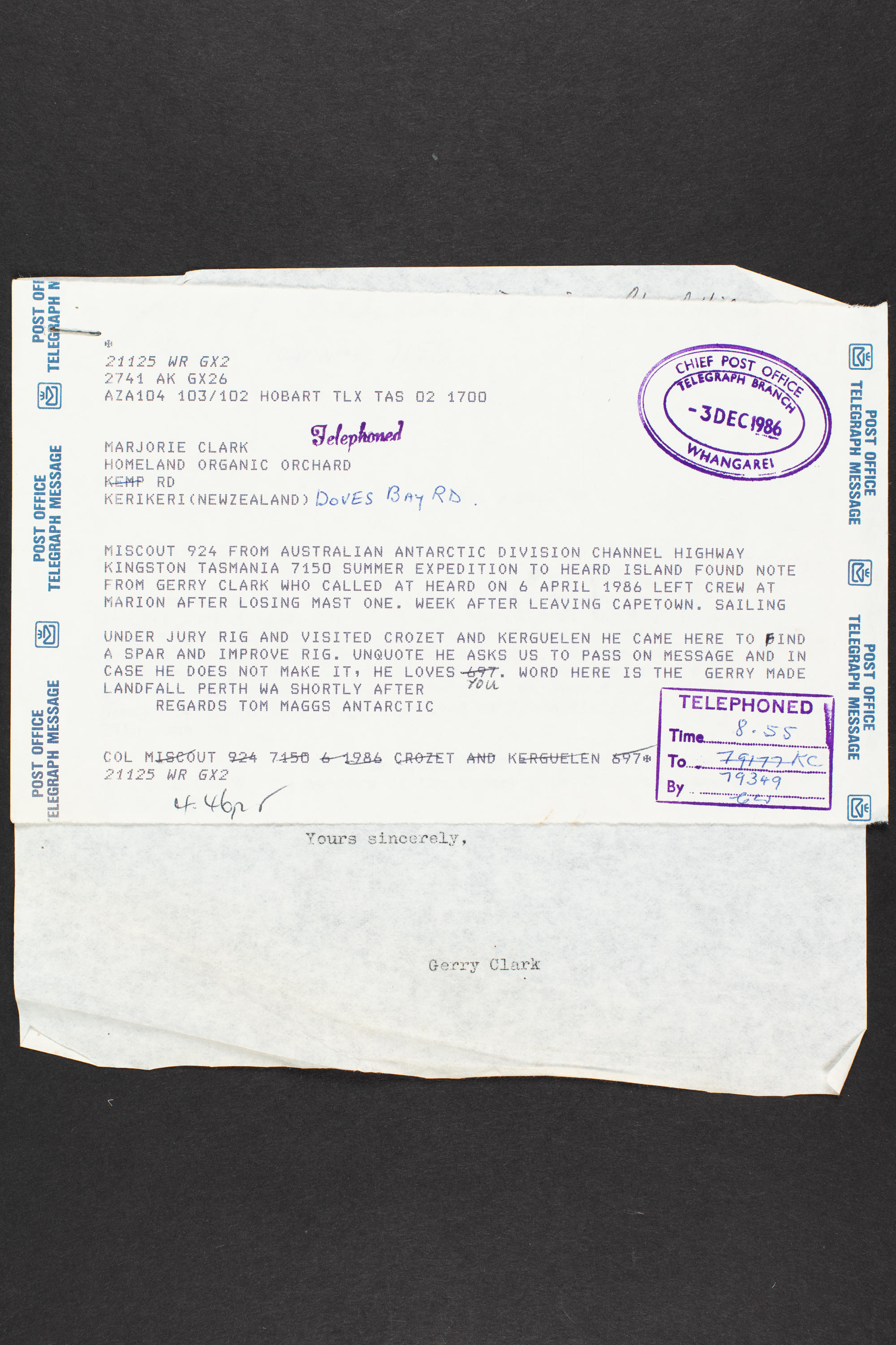 Telegraph and note: From Tom Maggs, Australian Antarctic Division ...