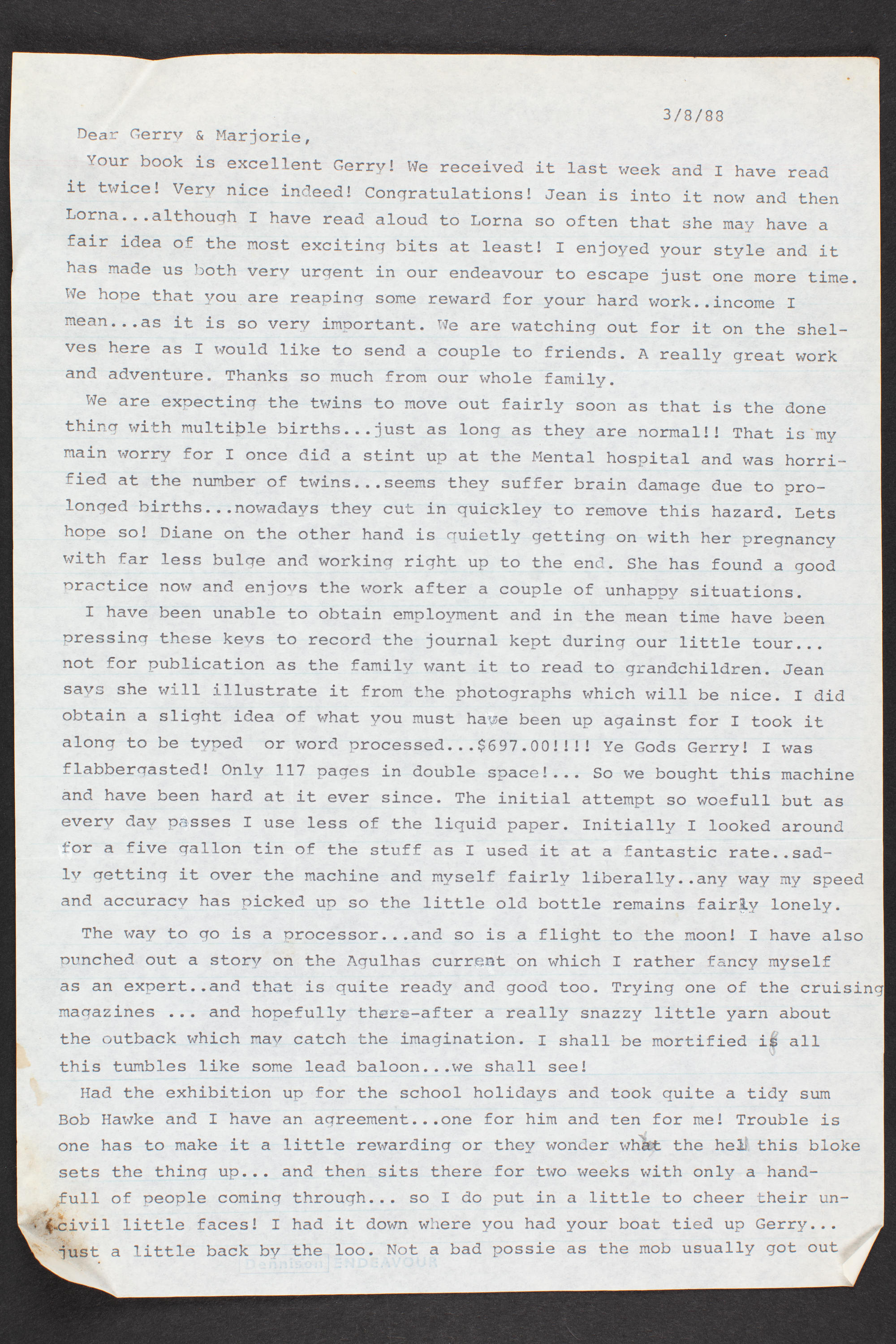 Letter: From Paul and Lorna to Gerry Clark, 3 Aug 88 - New Zealand ...