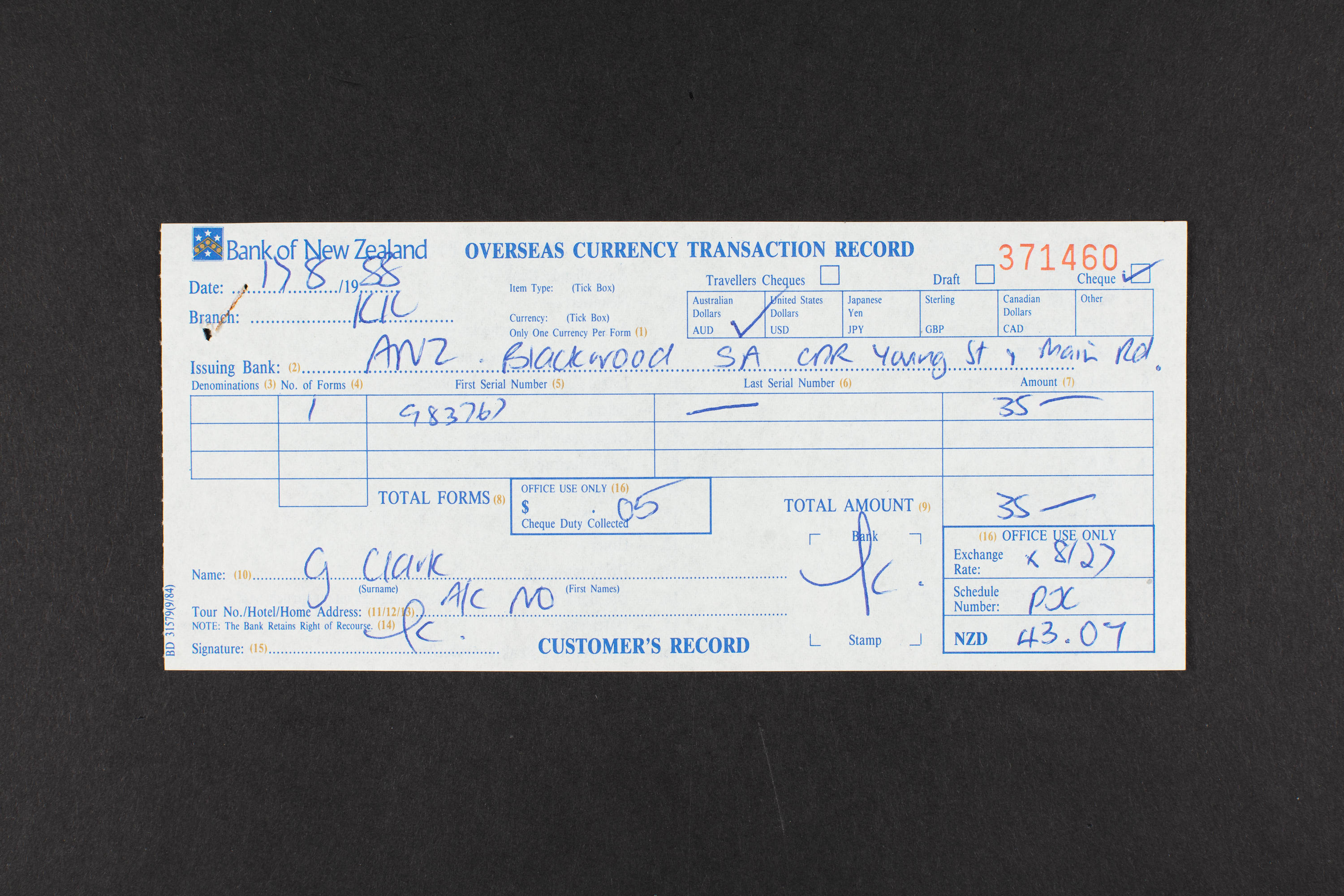 Bank Transaction record: Bank of New Zealand, "Overseas currency ...
