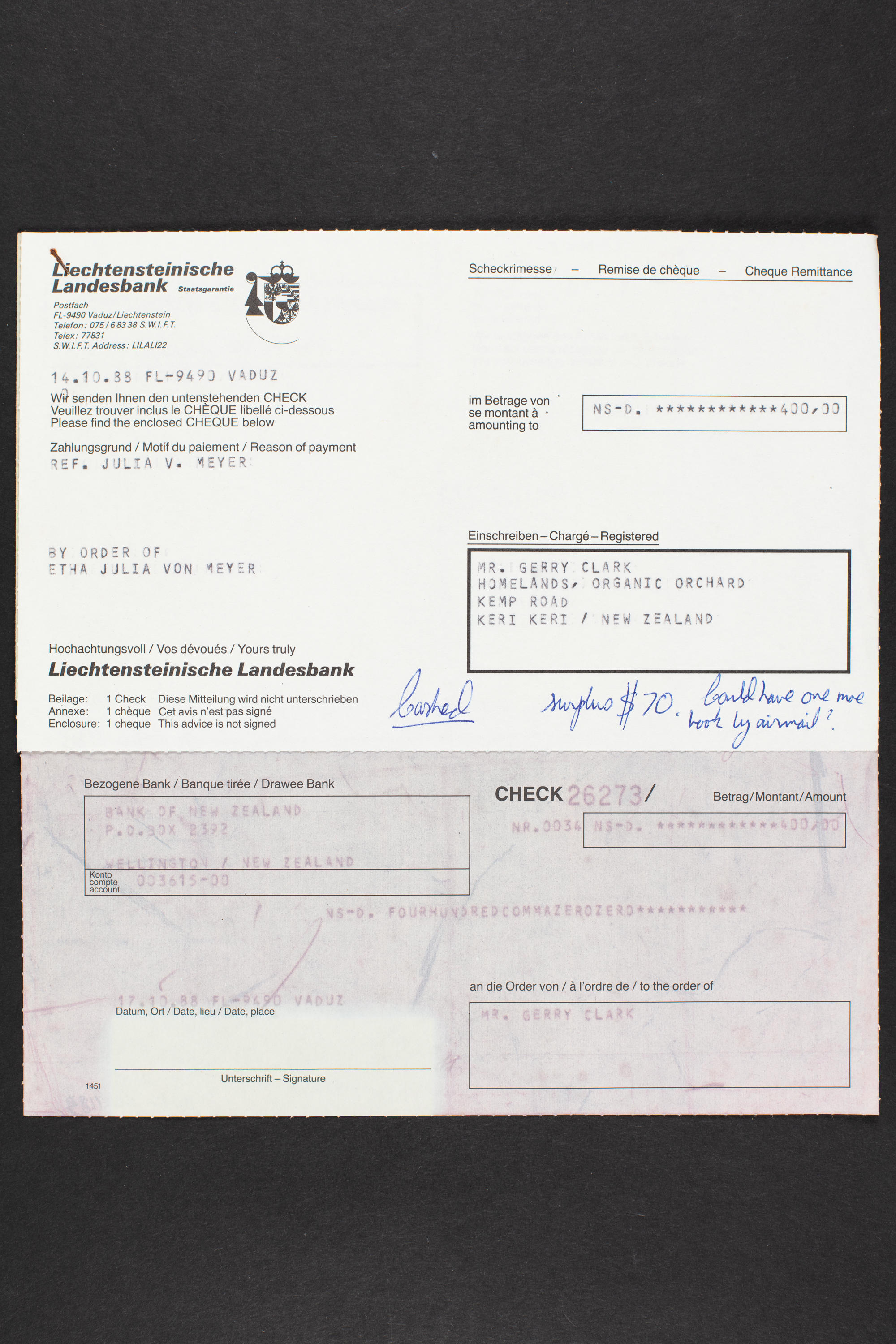 Cheque remittance form and envelope: Liechtensteinische Landebak, from ...