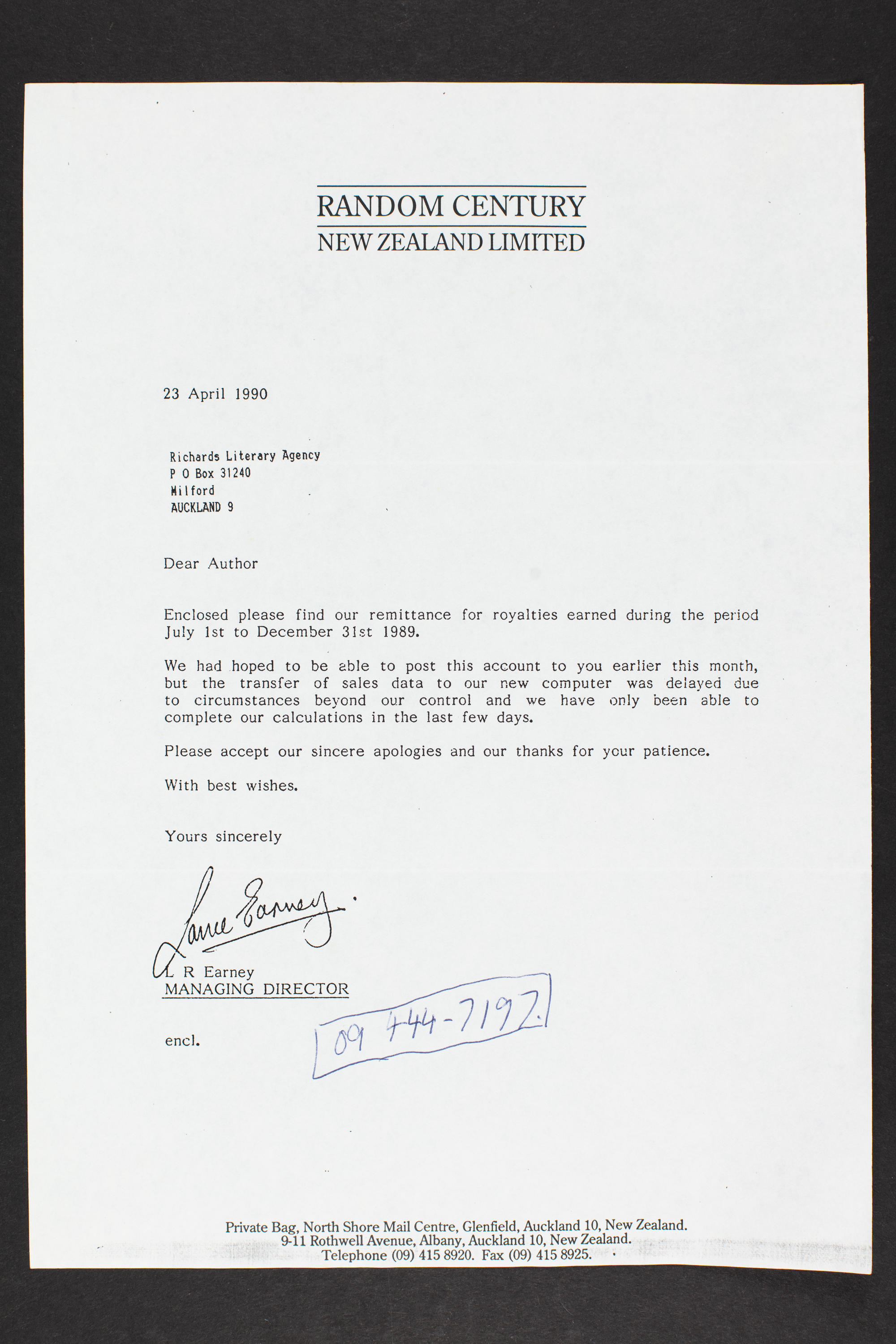 Letter: From Lance Earney, Random Century, NZ Ltd to Gerry Clark, 23 ...