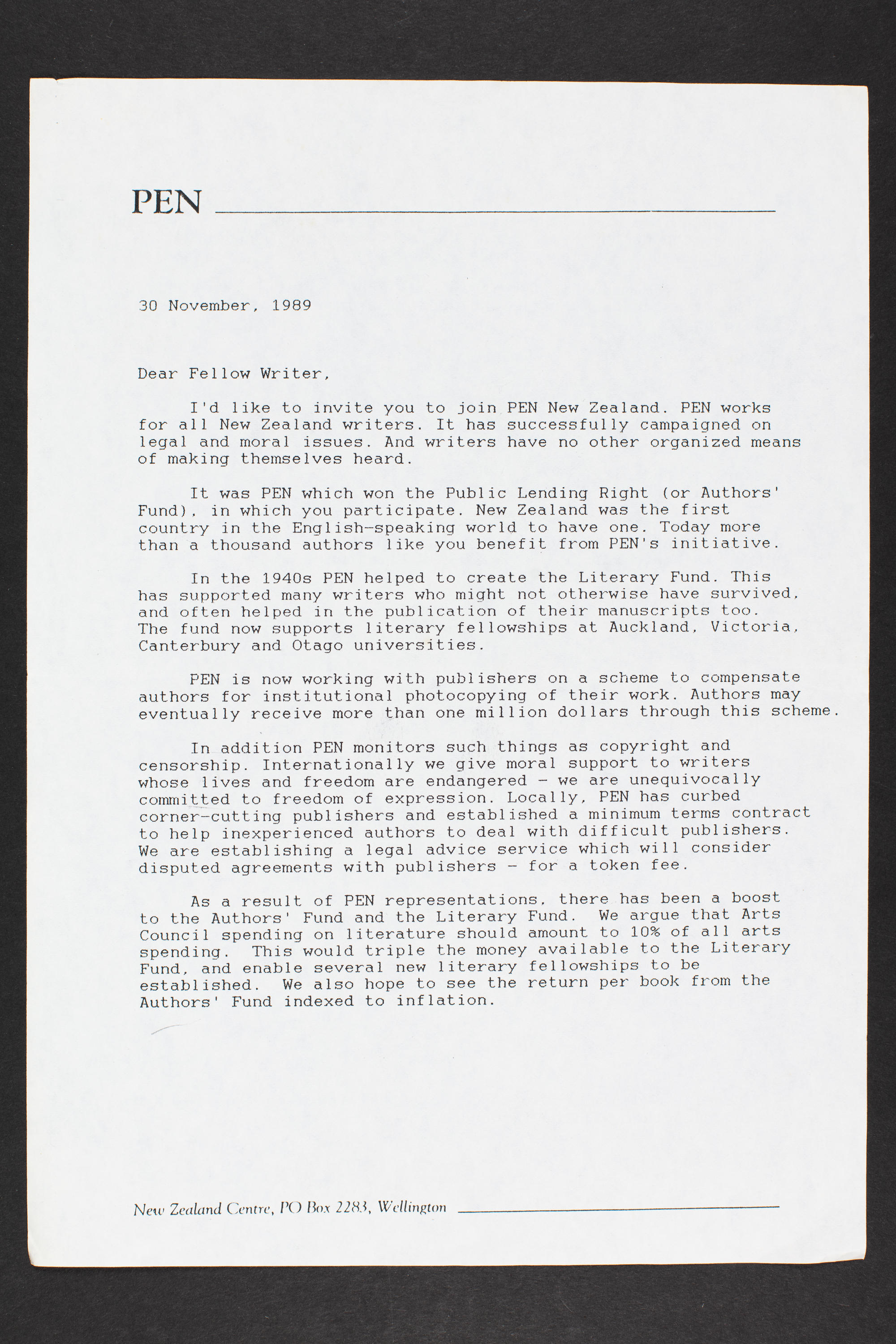 Letter: From Maurice Shadbolt, National President, PEN, "Dear fellow ...