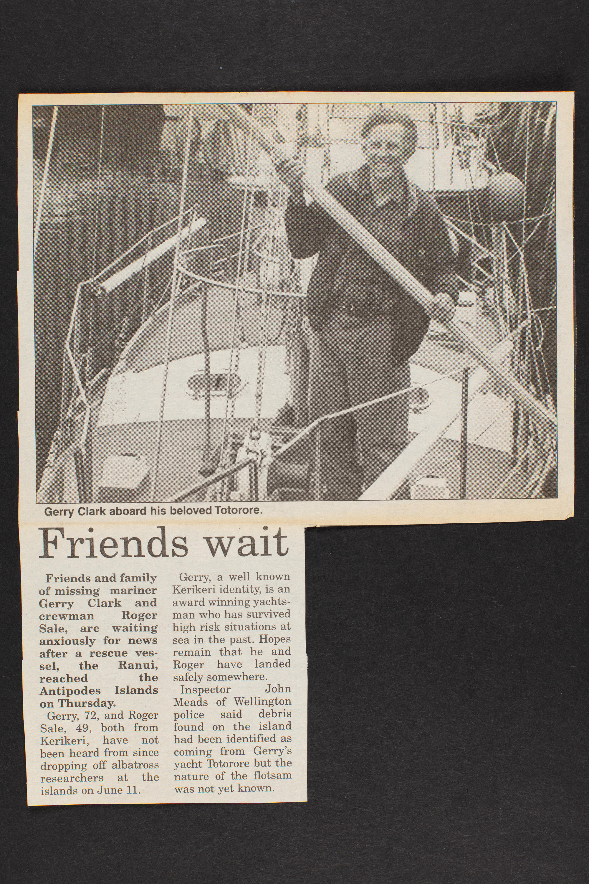 Newspaper clipping: "Friends wait" - New Zealand Maritime Museum
