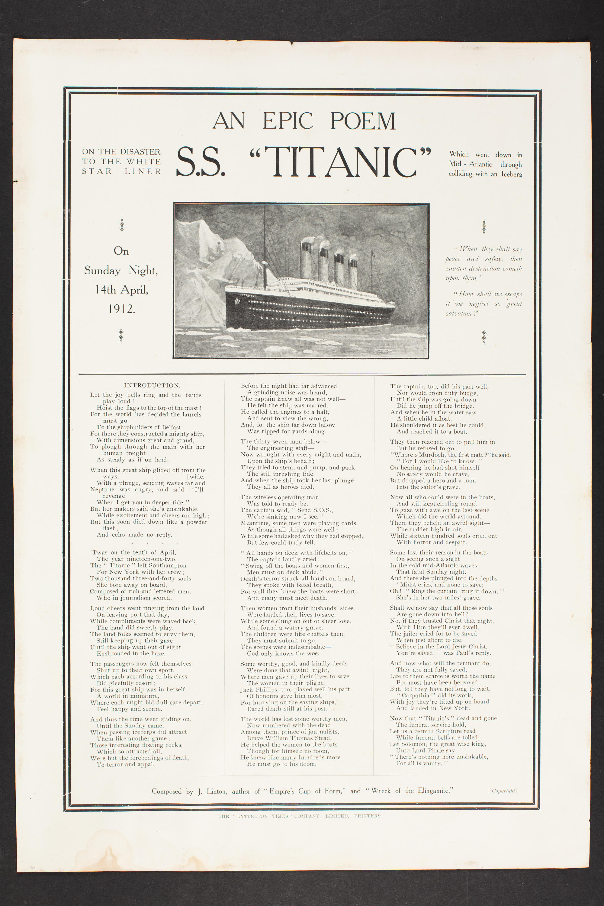 Poster: An Epic poem, SS TITANIC by J. Linton, Lyttelton Times, 1912 ...
