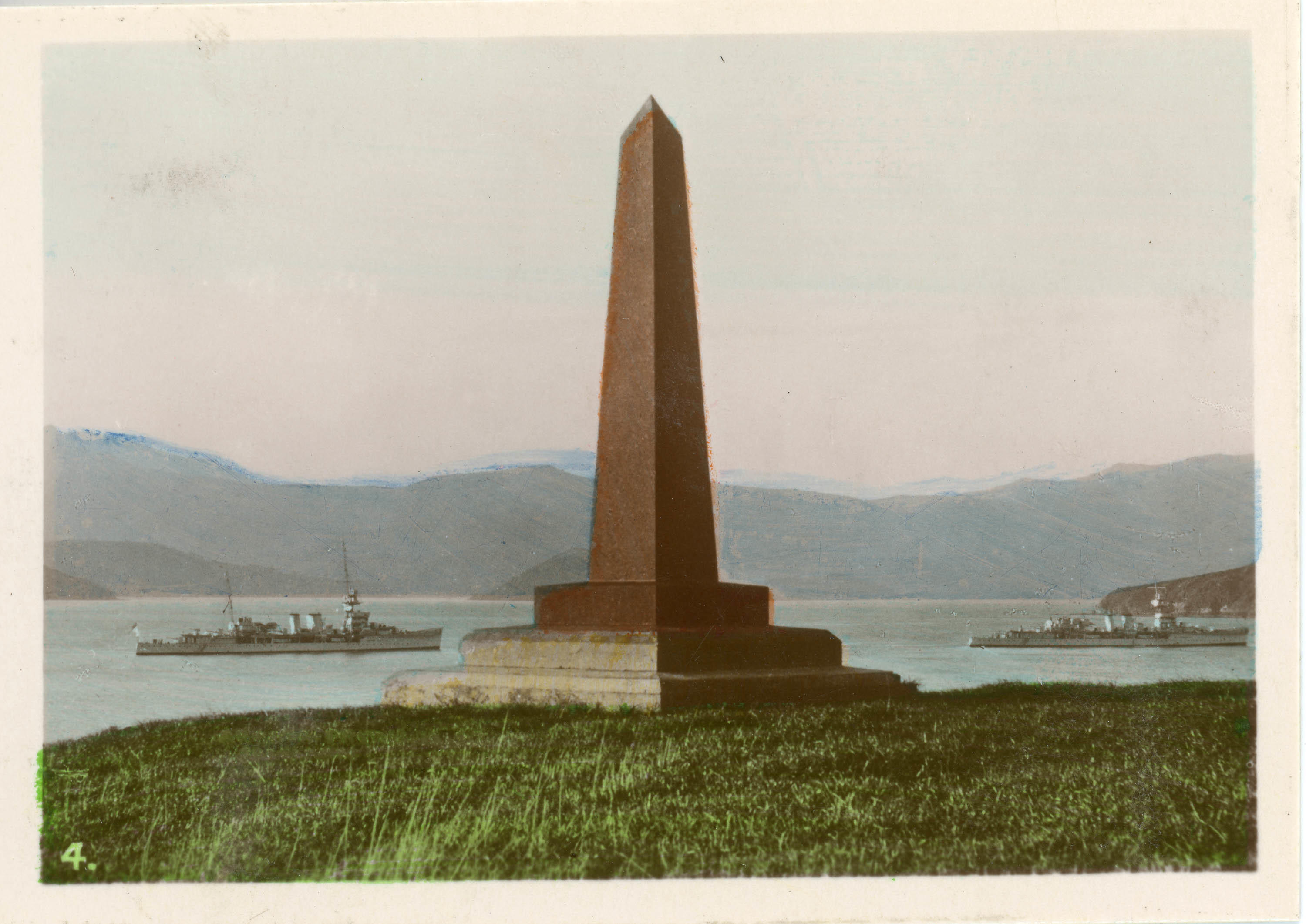 Photograph: Unidentified battleships passing memorial obelisk - New ...