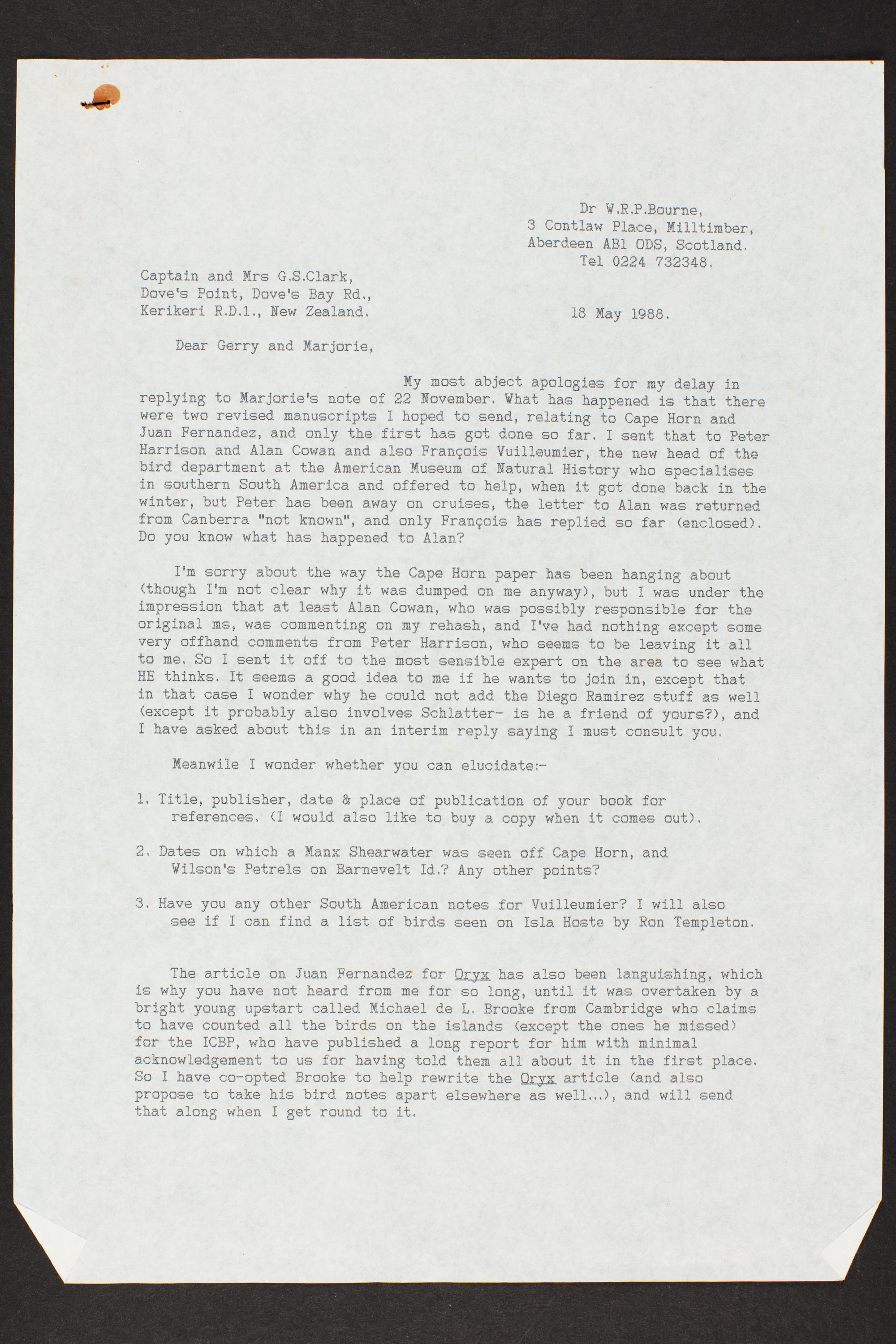 Letter: From Dr William (Bill) Bourne to Dr F Vuillemier - New Zealand ...