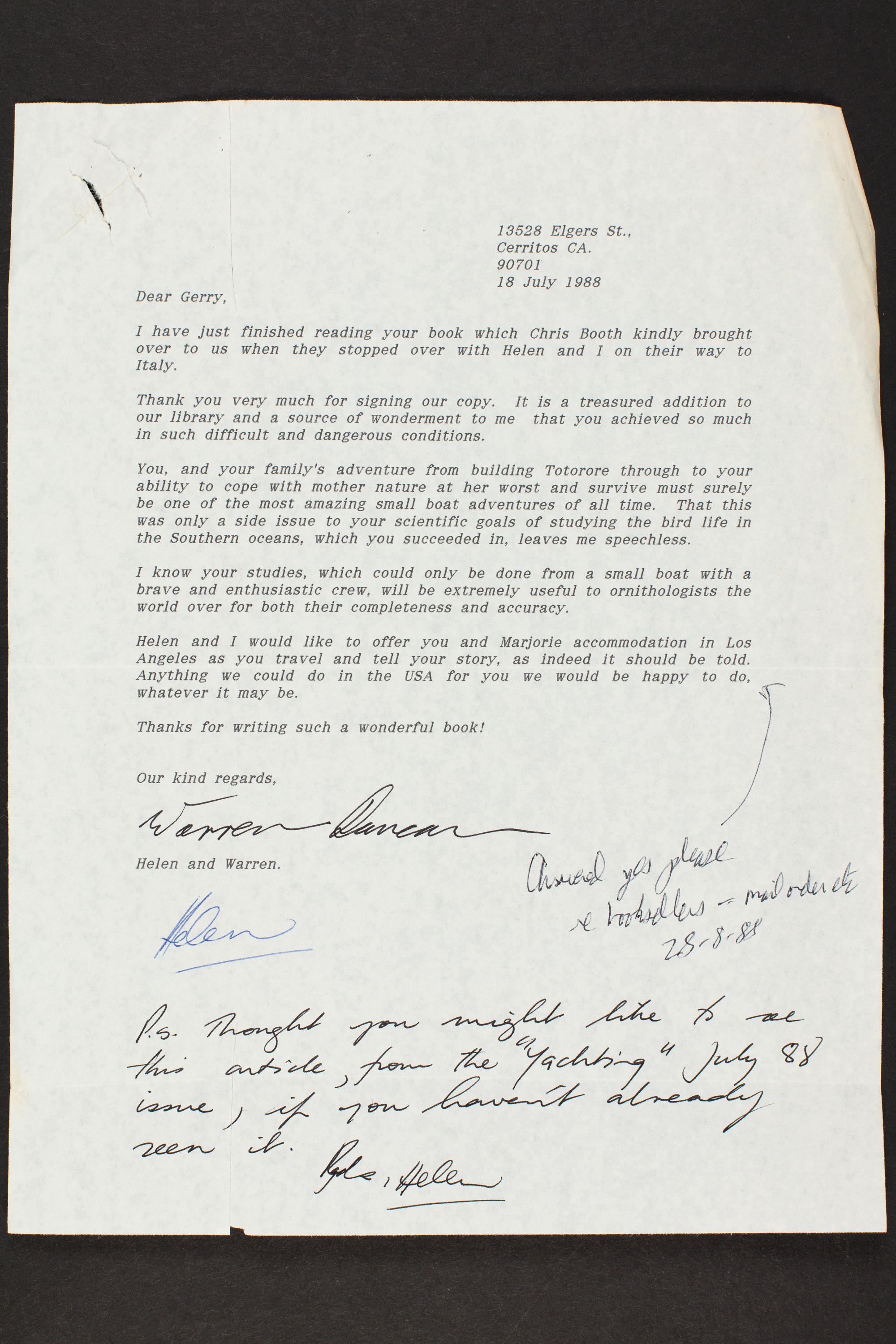 Letter: From Helen and Warren Duncan to Gerry Clark - New Zealand ...
