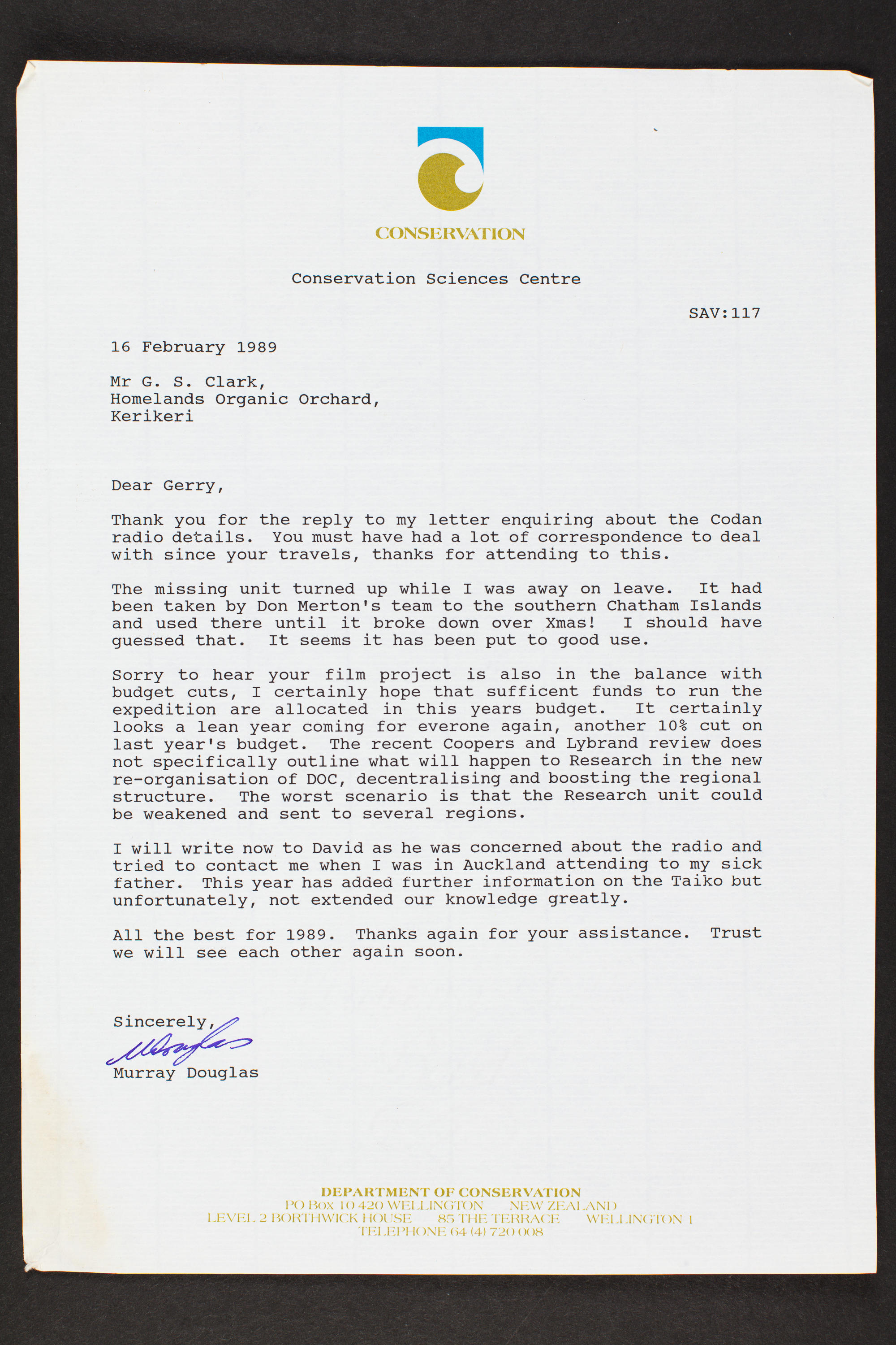 Letter: From Murray Douglas to Gerry Clark - New Zealand Maritime Museum