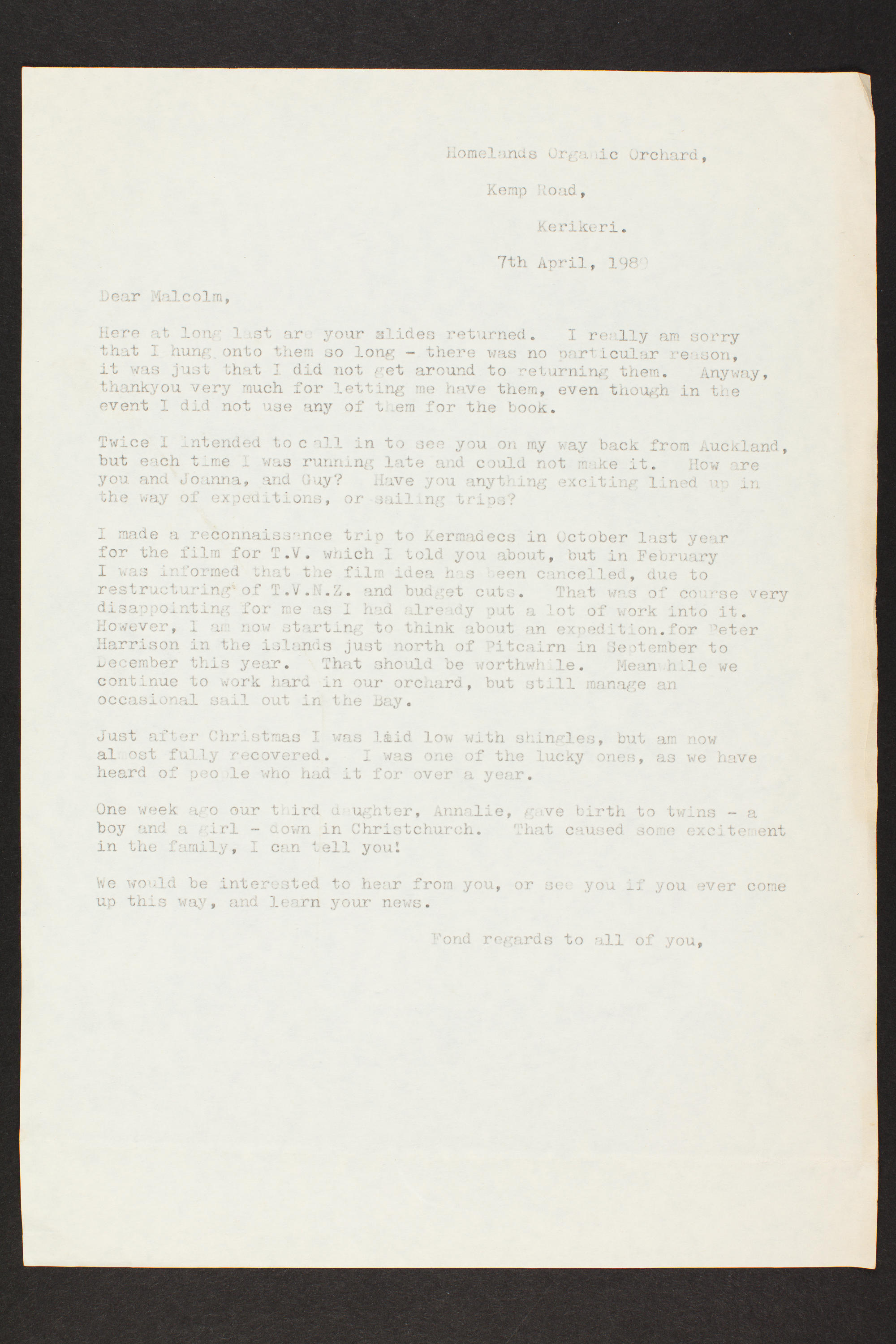 Letter: From Gerry Clark to Malcolm - New Zealand Maritime Museum