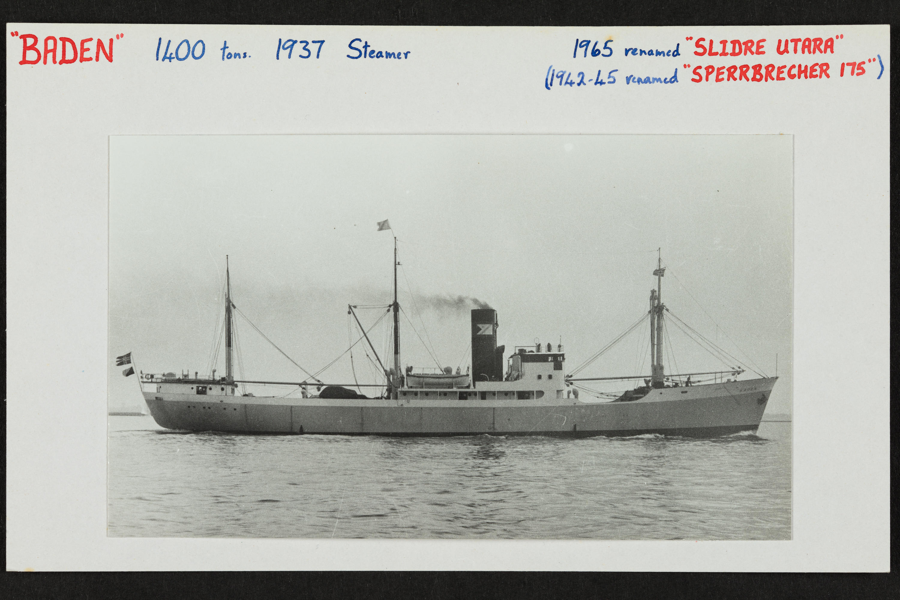 Index card: BADEN (1937) - New Zealand Maritime Museum