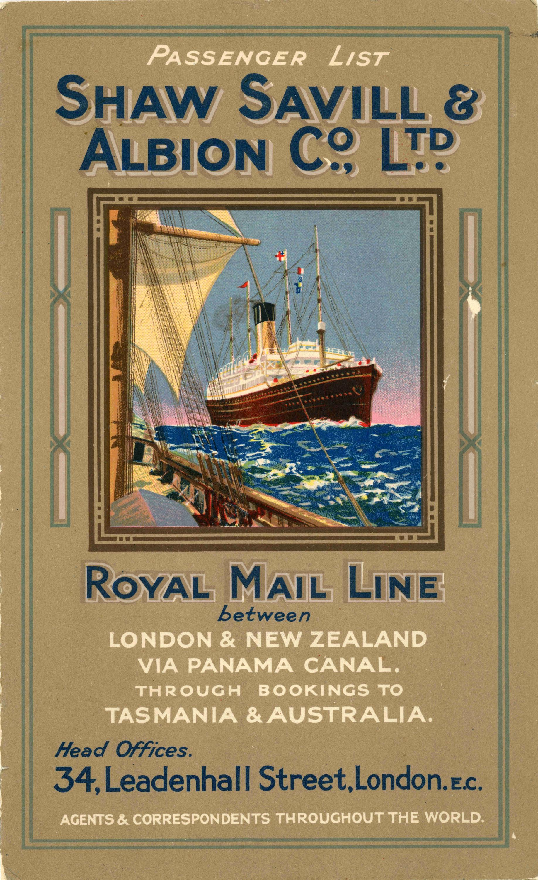 Passenger list: RMS TAMAROA, 19th January 1929, Auckland to Southampton ...