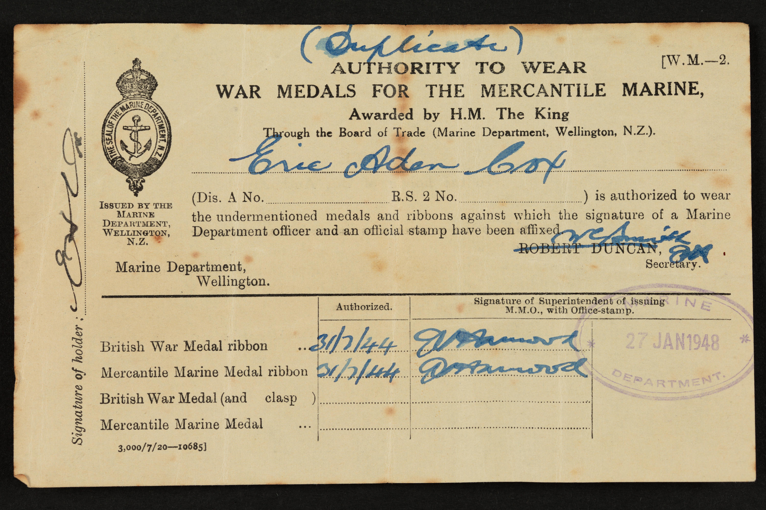 Certificate: Authority to wear medals issued to Eric Aden Cox ...
