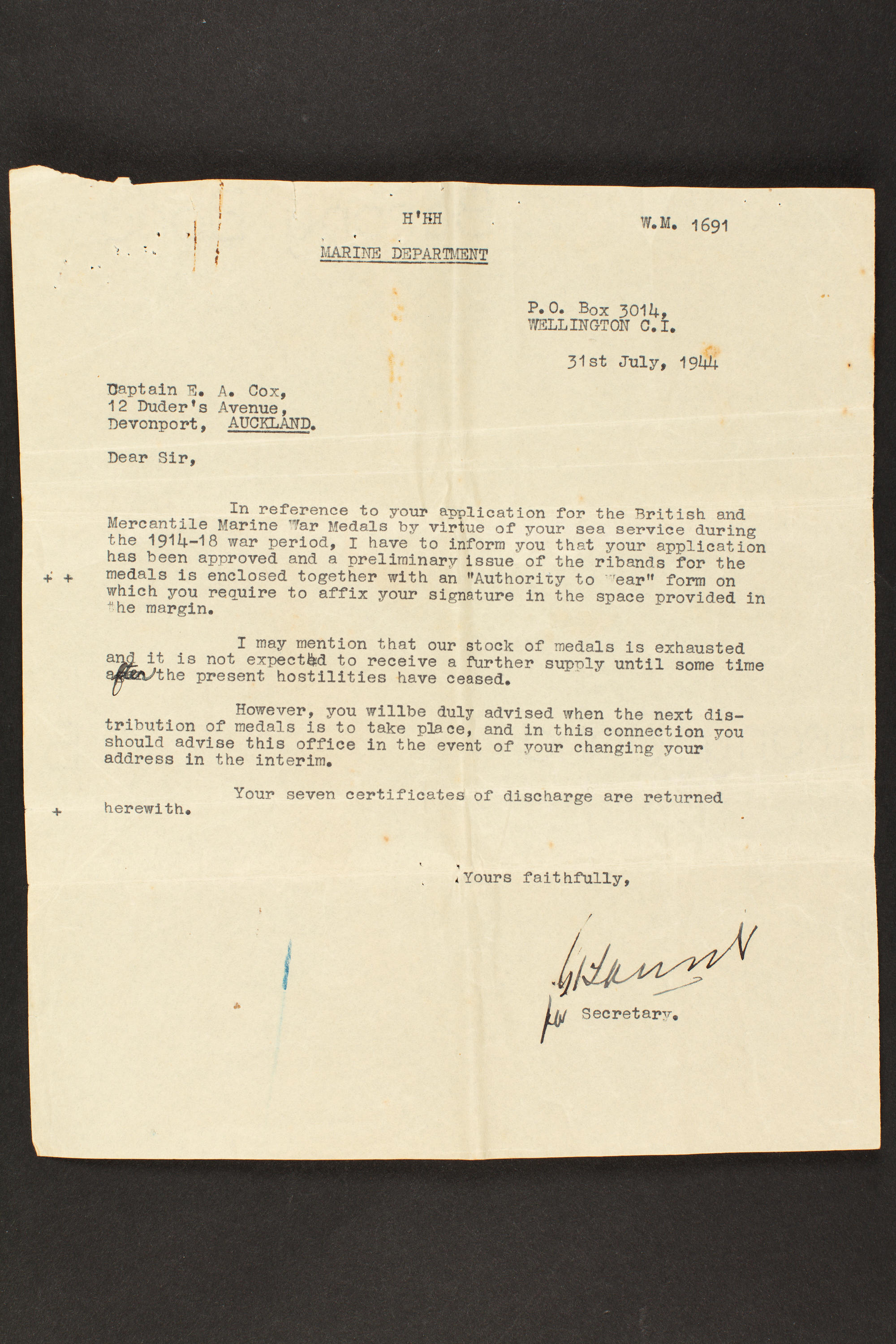 Letter: From the Marine Department to Captain Eric Cox, 1944 - New ...