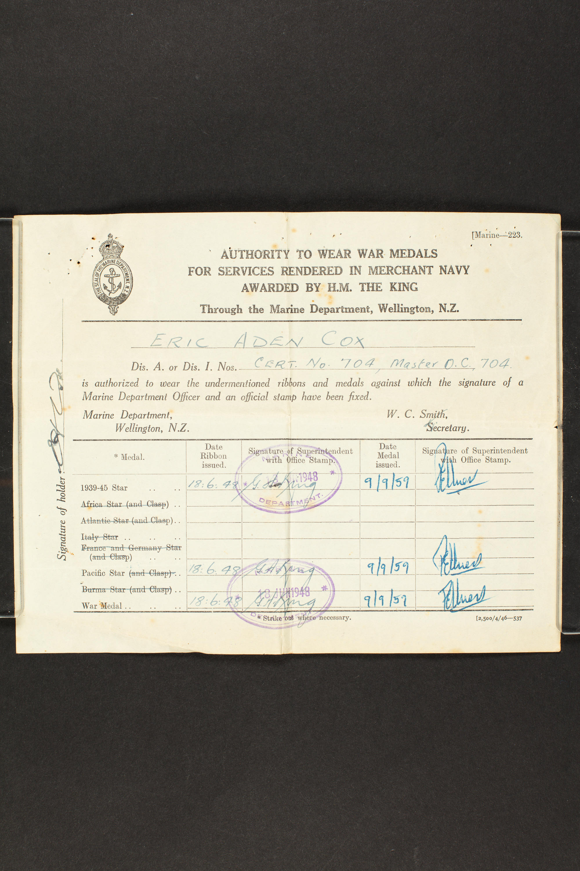 Certificate: Authority to wear medals issued to Eric Aden Cox, 1948 ...