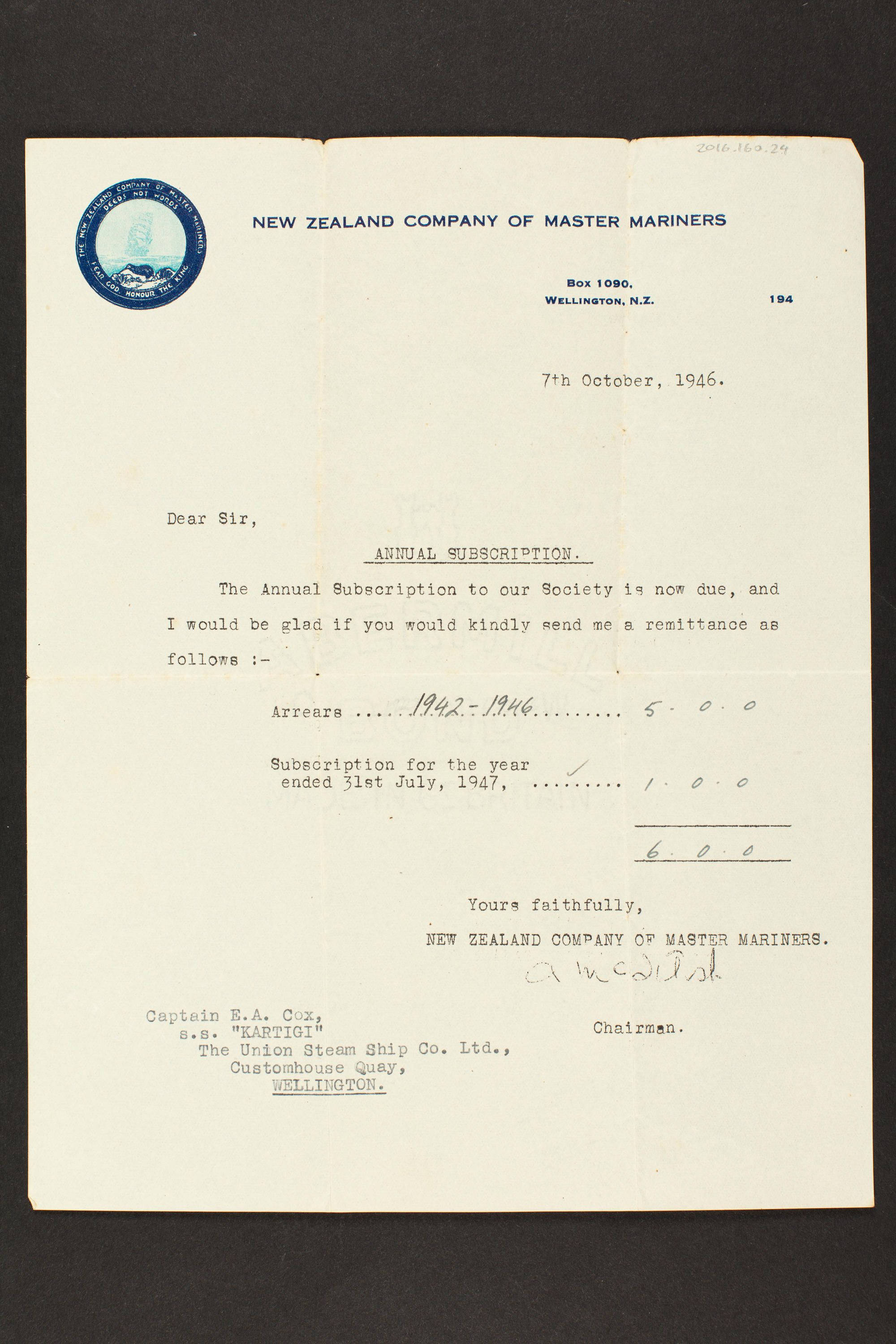 Letter: From the New Zealand Company of Master Mariners to Captain E.A ...