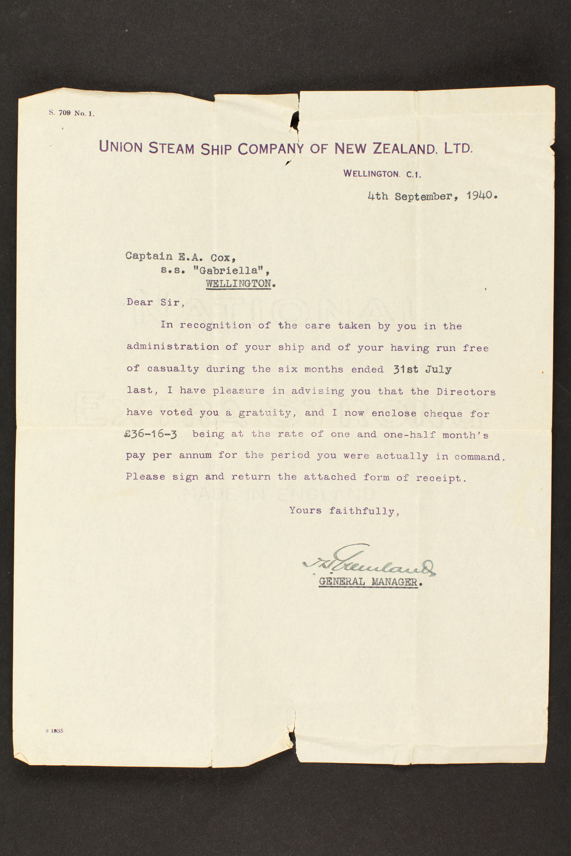 Letter: From the General Manager of the Union Steam Ship Company to ...