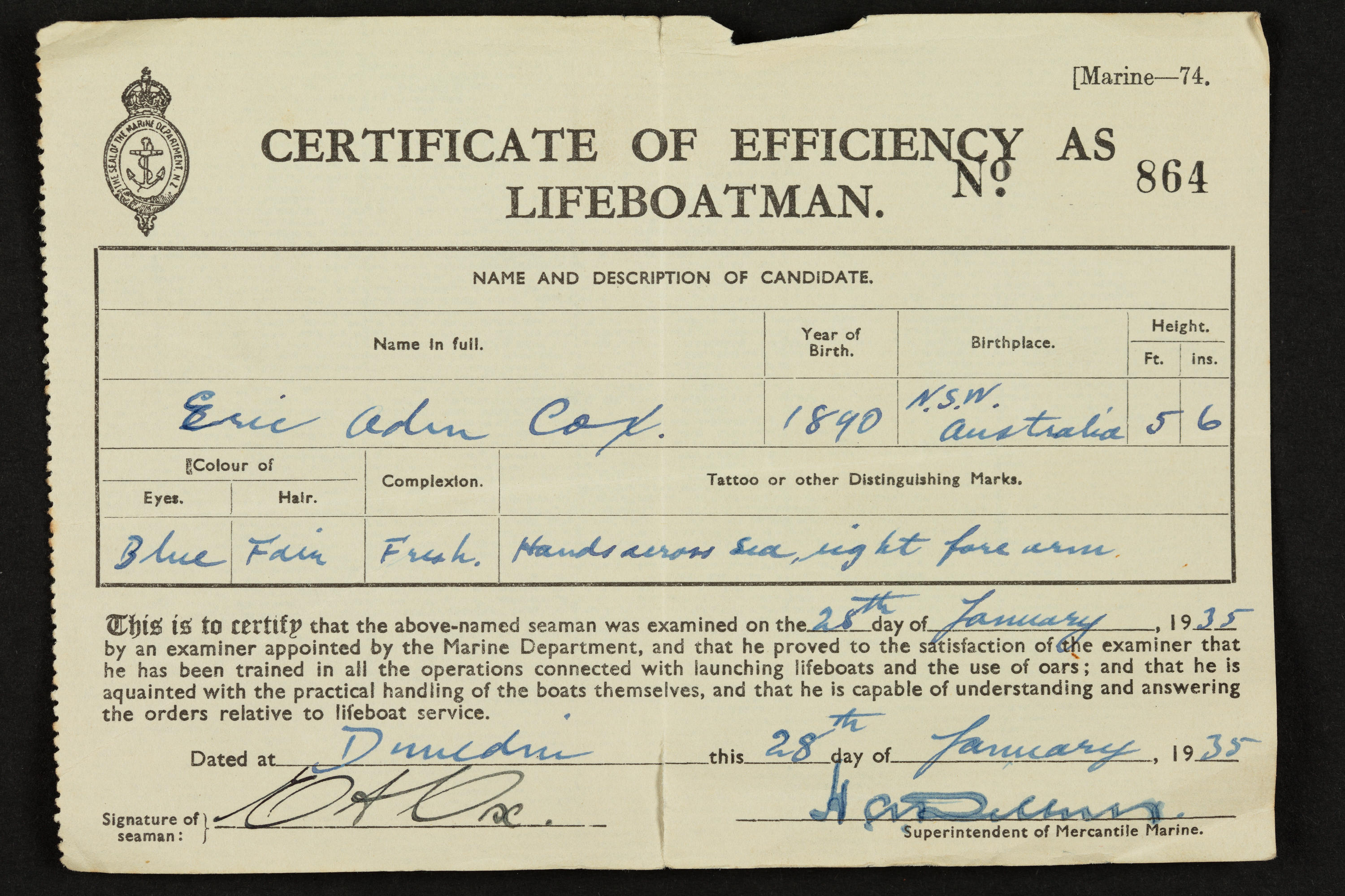 Certificate: Certificate of Efficiency as Lifeboatman, Eric Aden Cox ...