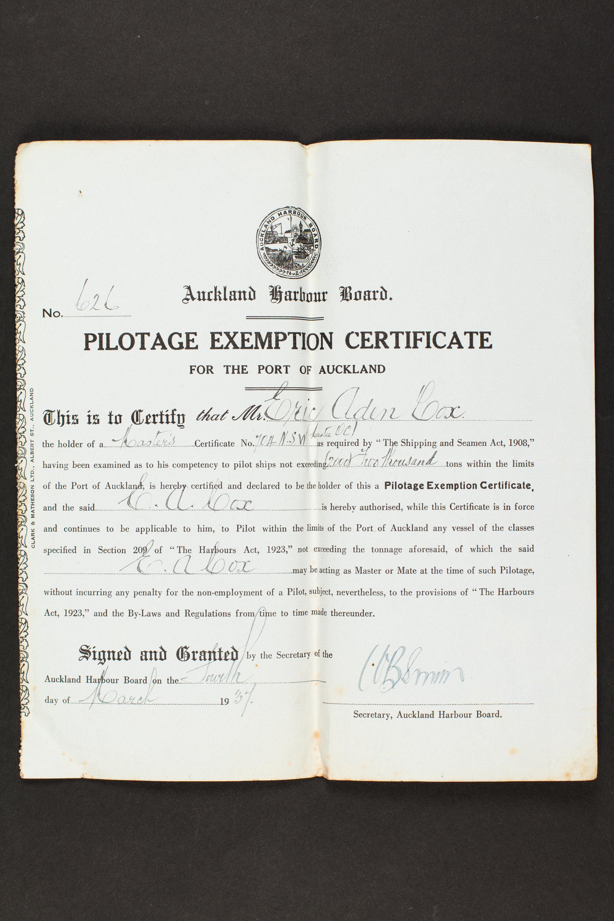 Certificate: Auckland Harbour Board Pilotage Exemption Certificate for ...