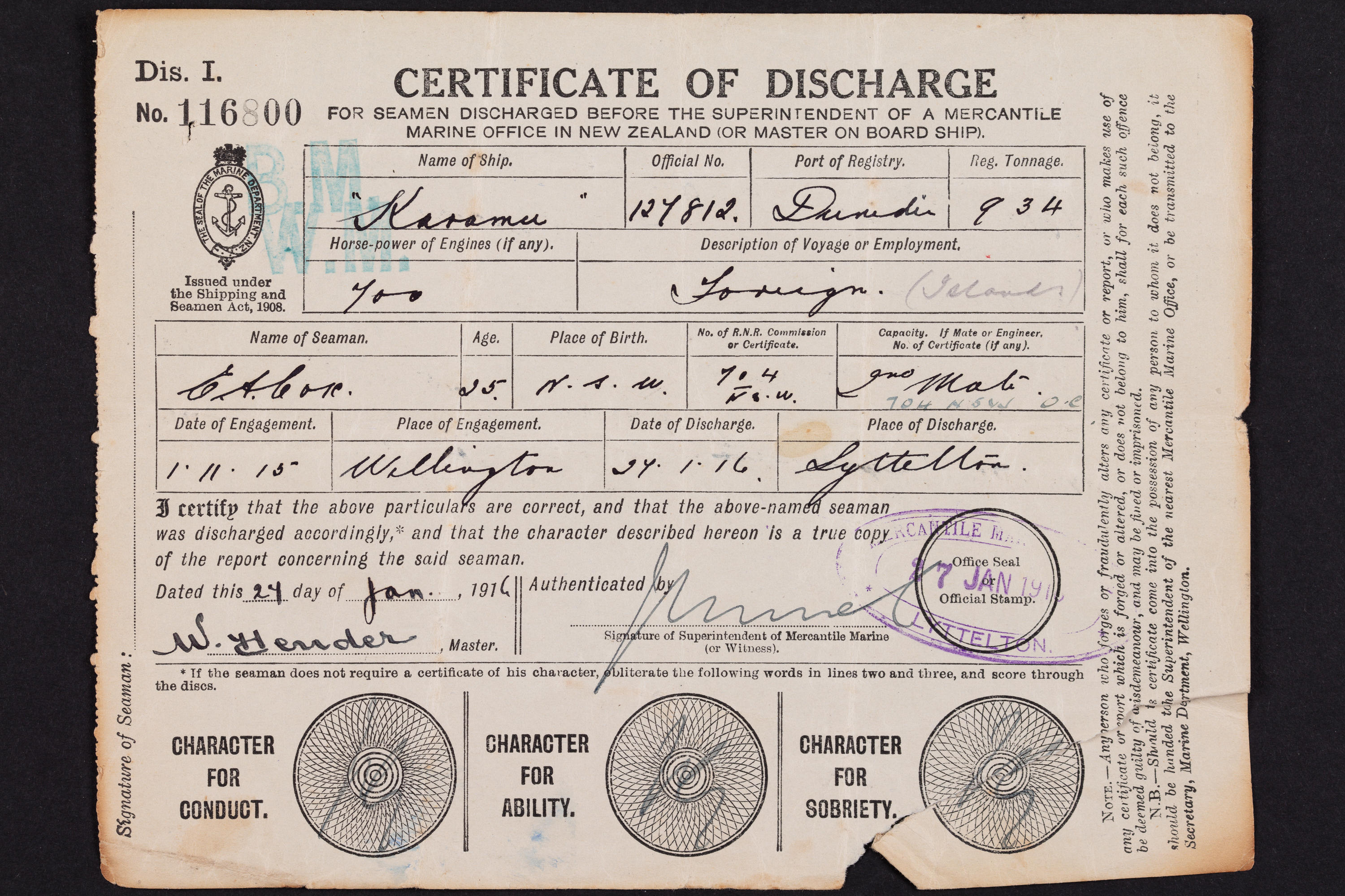 Certificate of Discharge: KARAMU for Eric Aden Cox, 27 Jan 1916 - New ...