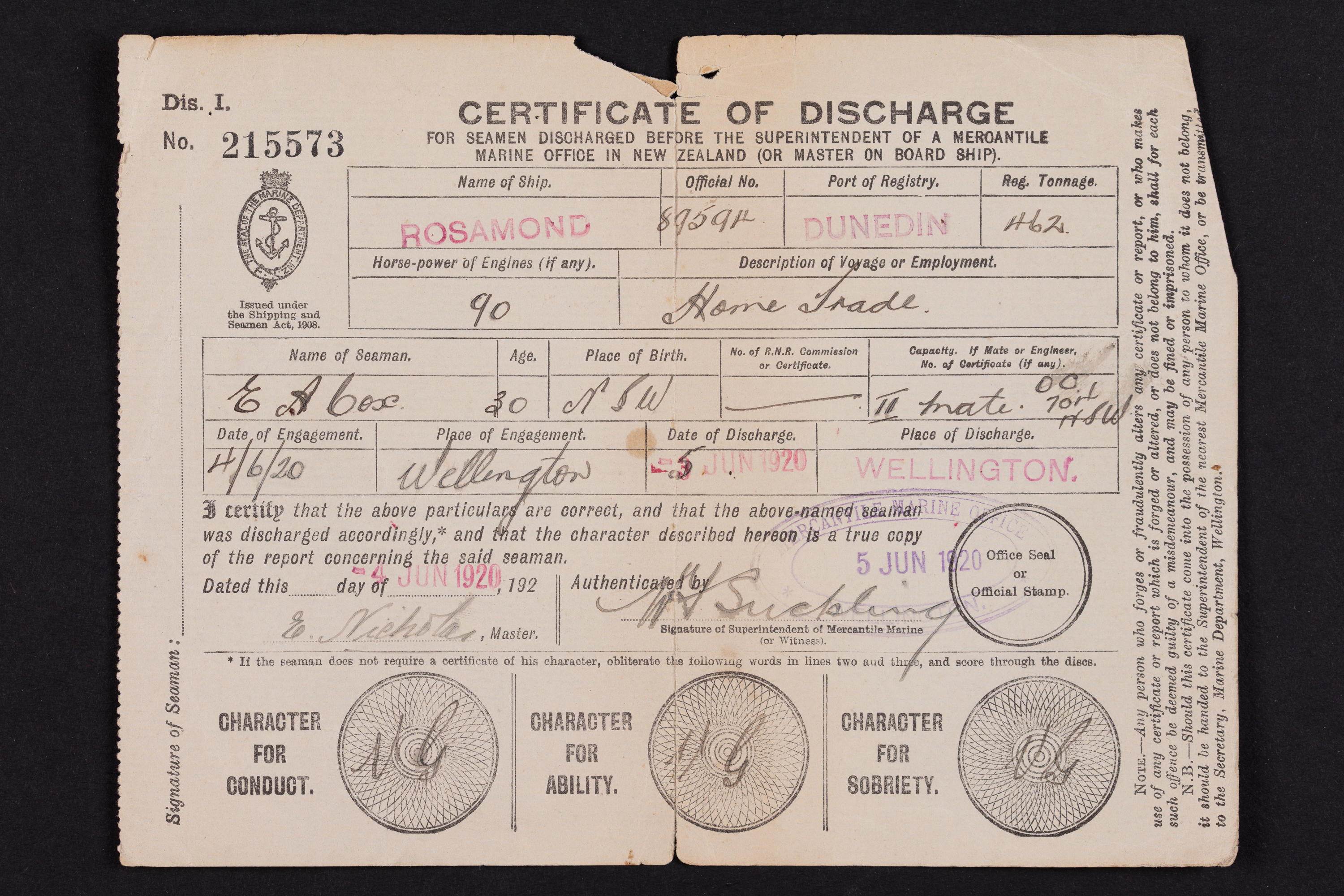 Certificate of Discharge: ROSAMOND for Eric Aden Cox, 05 Jun 1920 - New ...