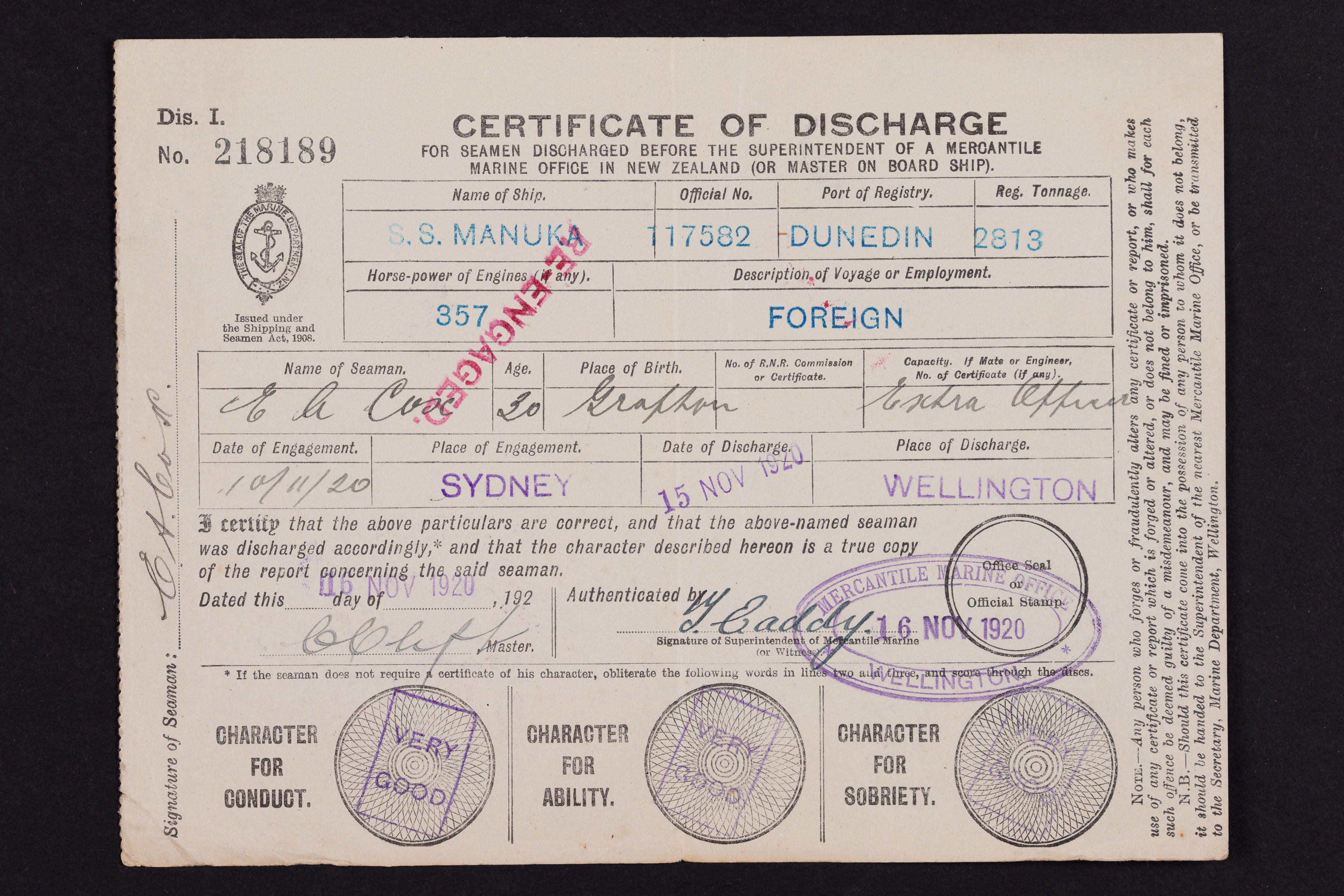 Certificate of Discharge: SS MANUKA for Eric Aden Cox, 15 Nov 1920 ...