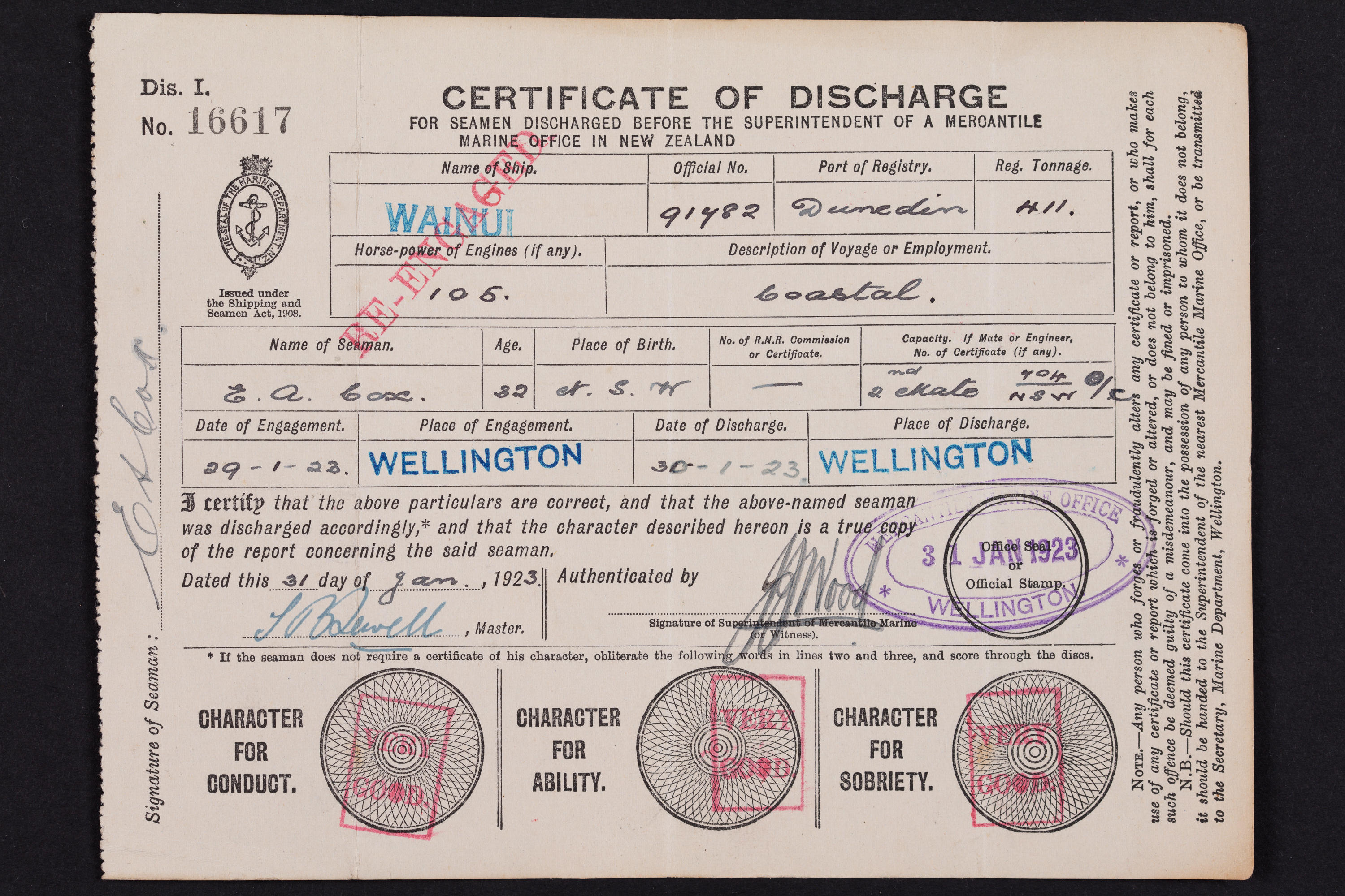Certificate of Discharge: WAINUI for Eric Aden Cox, 30 Jan 1923 - New ...