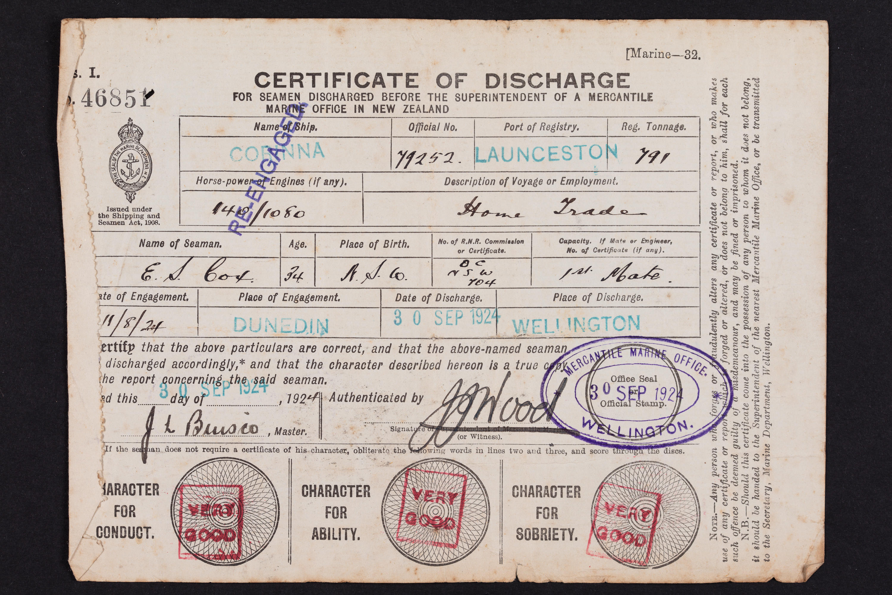 Certificate of Discharge: CORINNA for Eric Aden Cox, 30 Sep 1924 - New ...