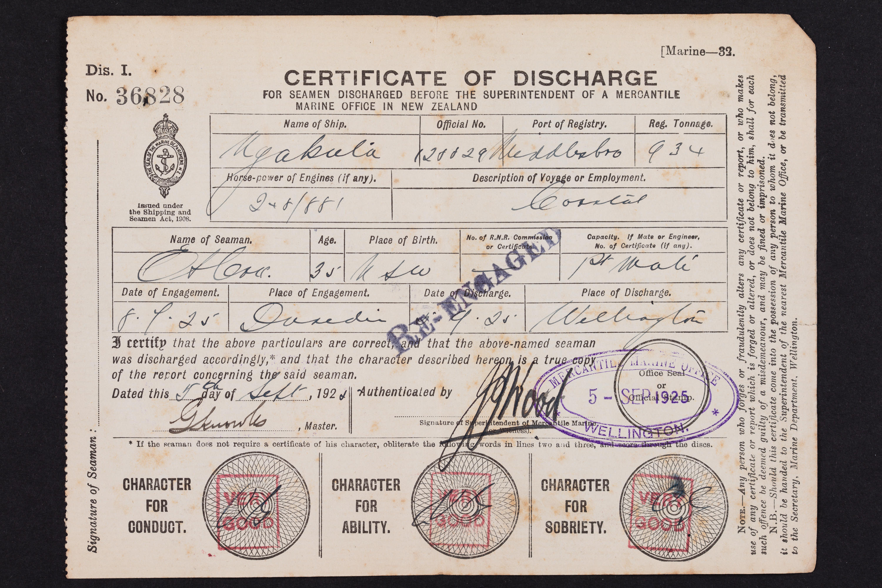 Certificate of Discharge: NGAKUTA for Eric Aden Cox, 05 Sep 1925 - New ...