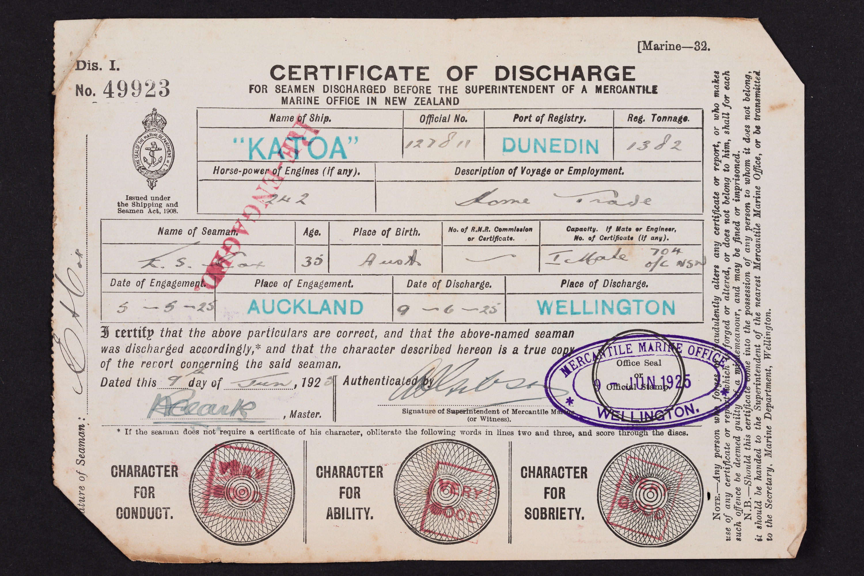 Certificate of Discharge: KATOA for Eric Aden Cox, 09 Jun 1925 - New ...
