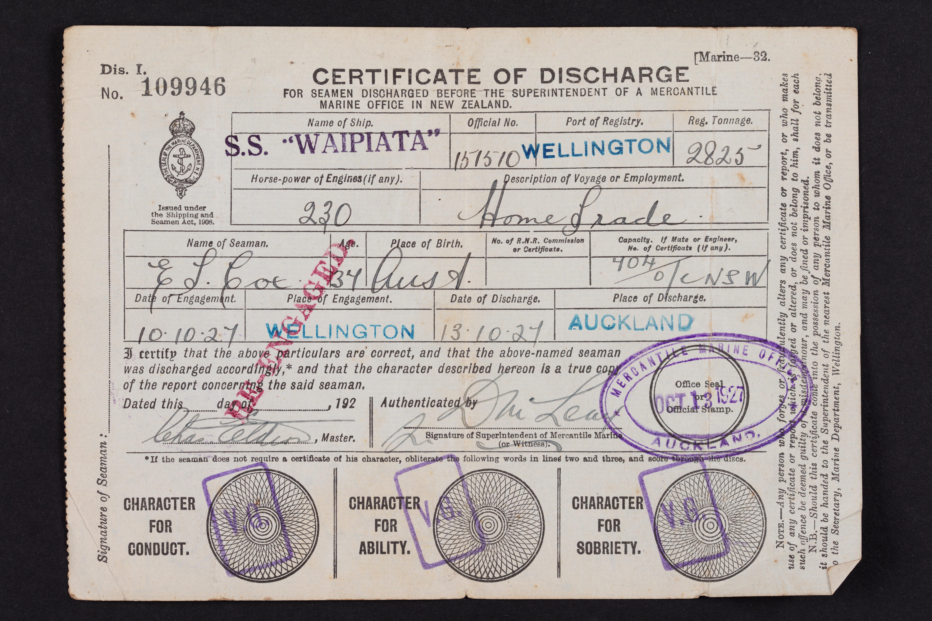 Certificate of Discharge: WAIPIATA for Eric Aden Cox, 13 Oct 1927 - New ...