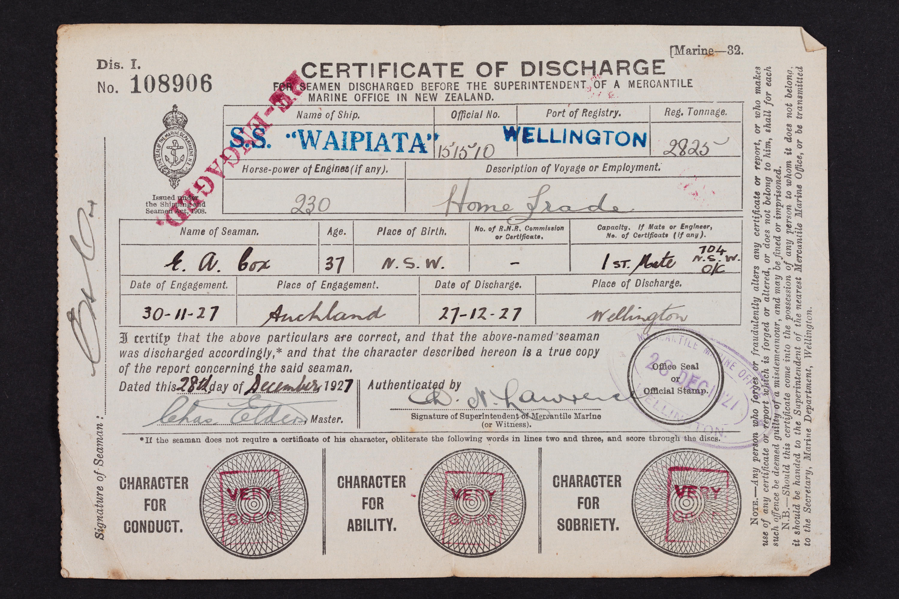 Certificate of Discharge: WAIPIATA for Eric Aden Cox, 27 Dec 1927 - New ...